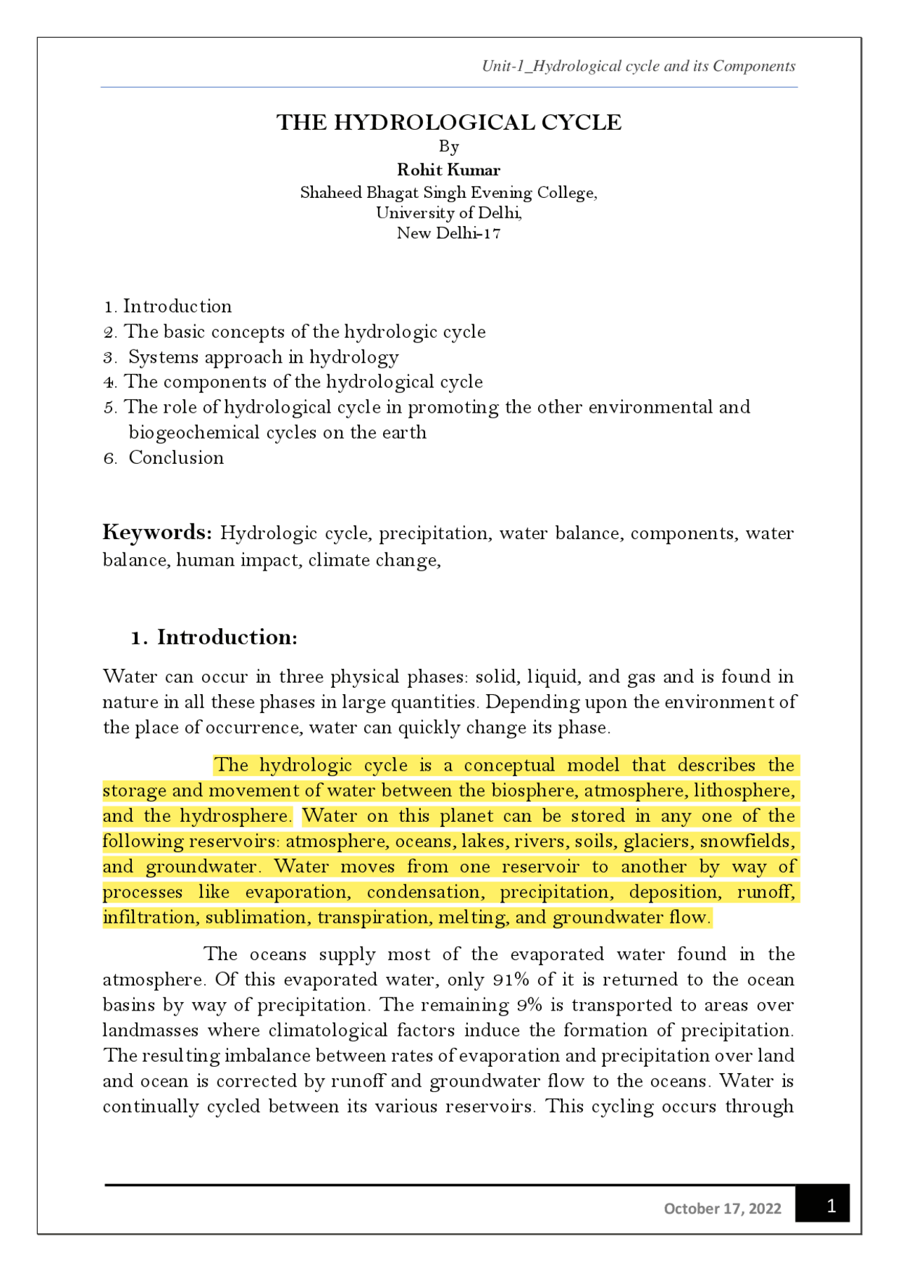 HYDROLOGICAL CYCLE AND IT'S OMPONENTS | Study notes Geography | Docsity