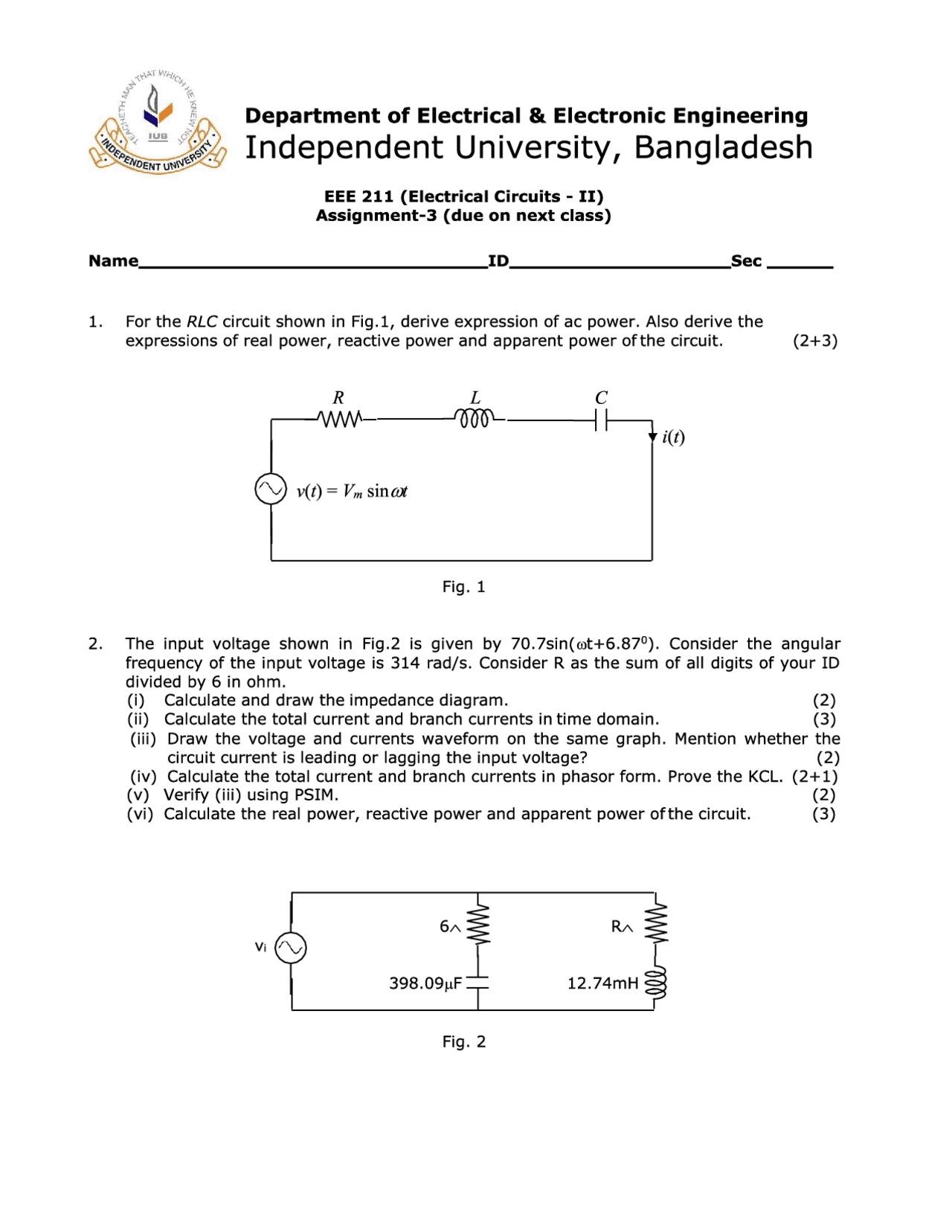 Eee211 Assignment Dr Kafiul Islam Assignments Circuit Theory Docsity