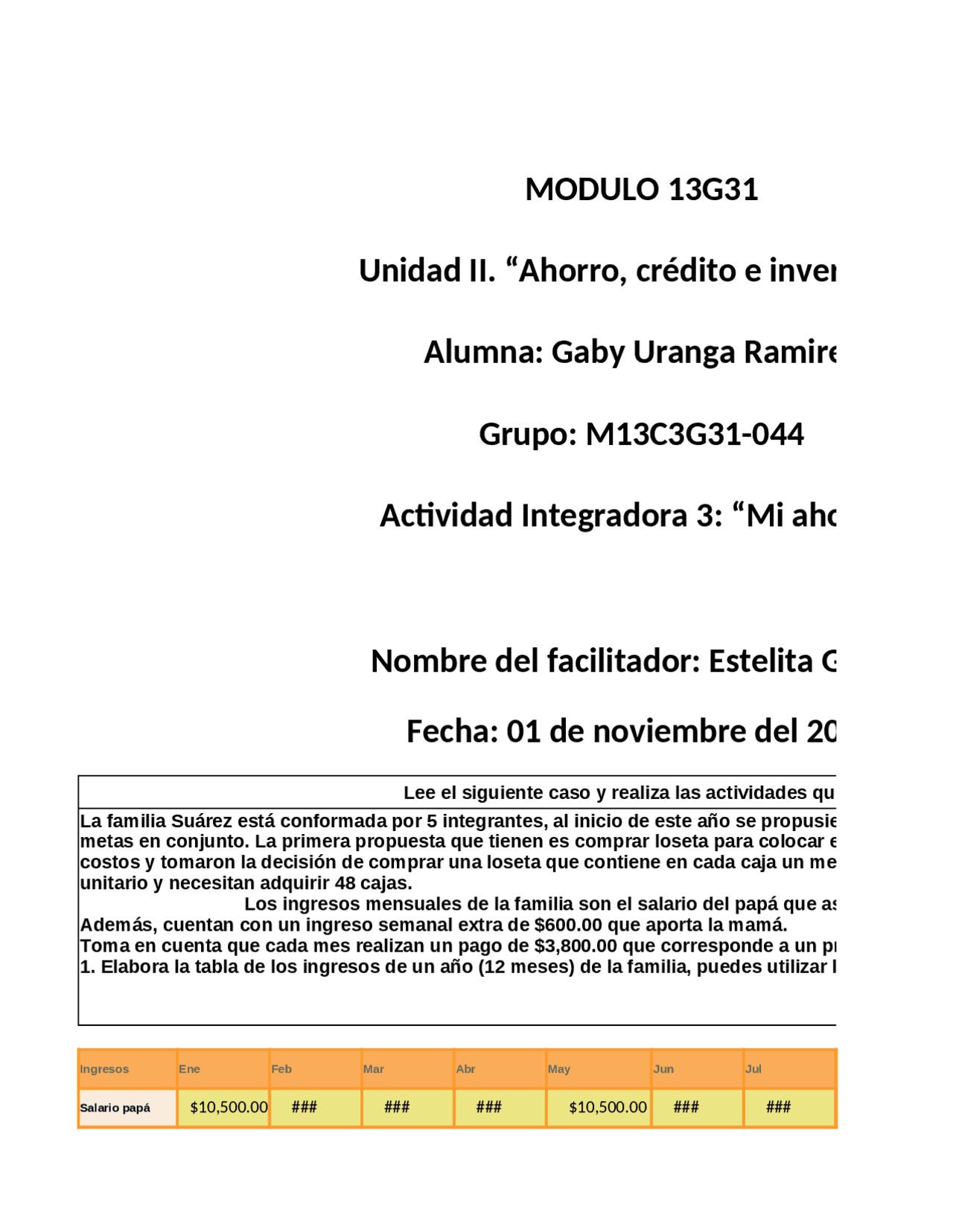 Actividad Integradora 3: "Mi ahorro" - Módulo 13G31, Unidad II: "Ahorro, crédito e inversi ...