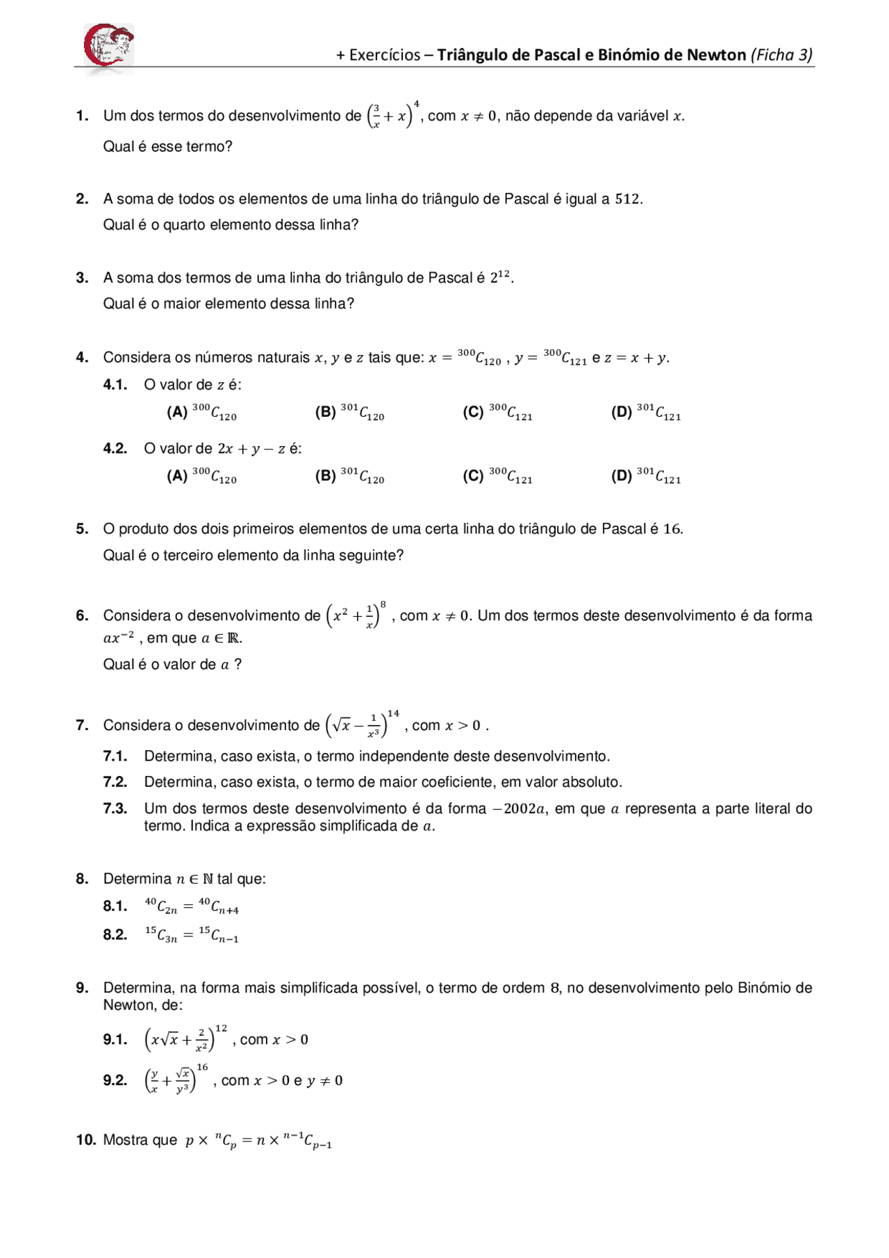 Exercícios Triangulo de Pascal | Exercícios Matemática | Docsity