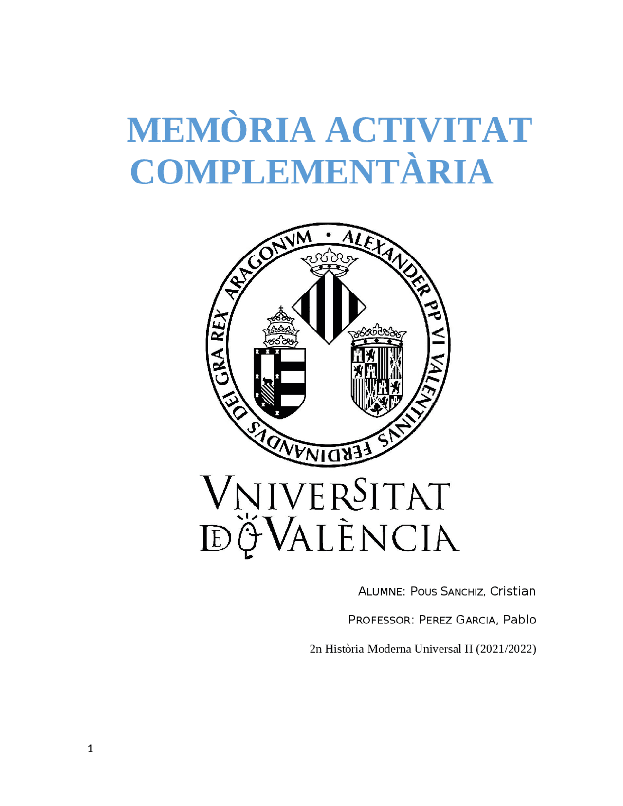 Actividad complementaria | Ejercicios de Historia Moderna | Docsity