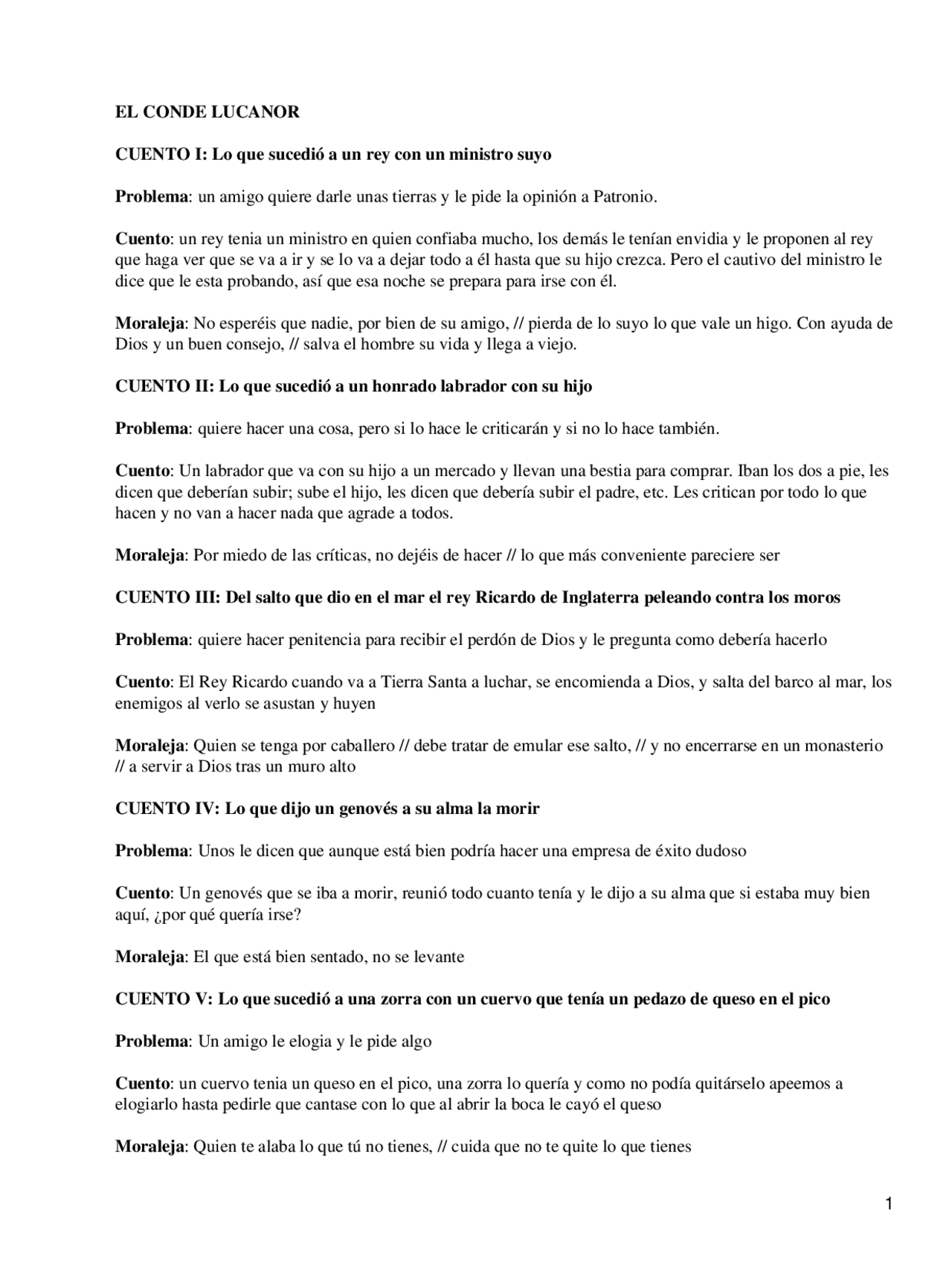 Resumen El conde Lucanor de Don Juan Manuel | Summaries Spanish | Docsity