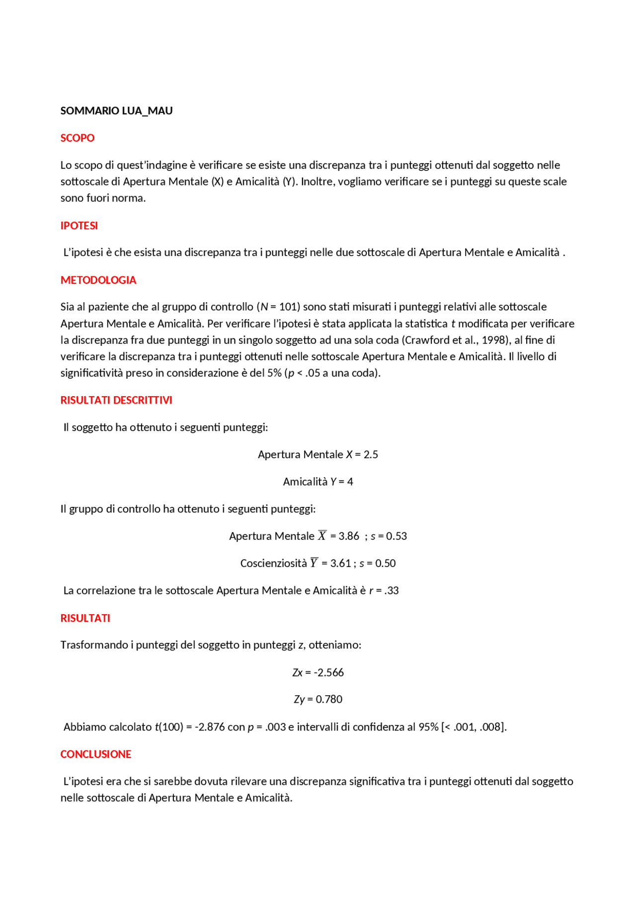 Sommario discrepanza | Esercizi di Statistica | Docsity