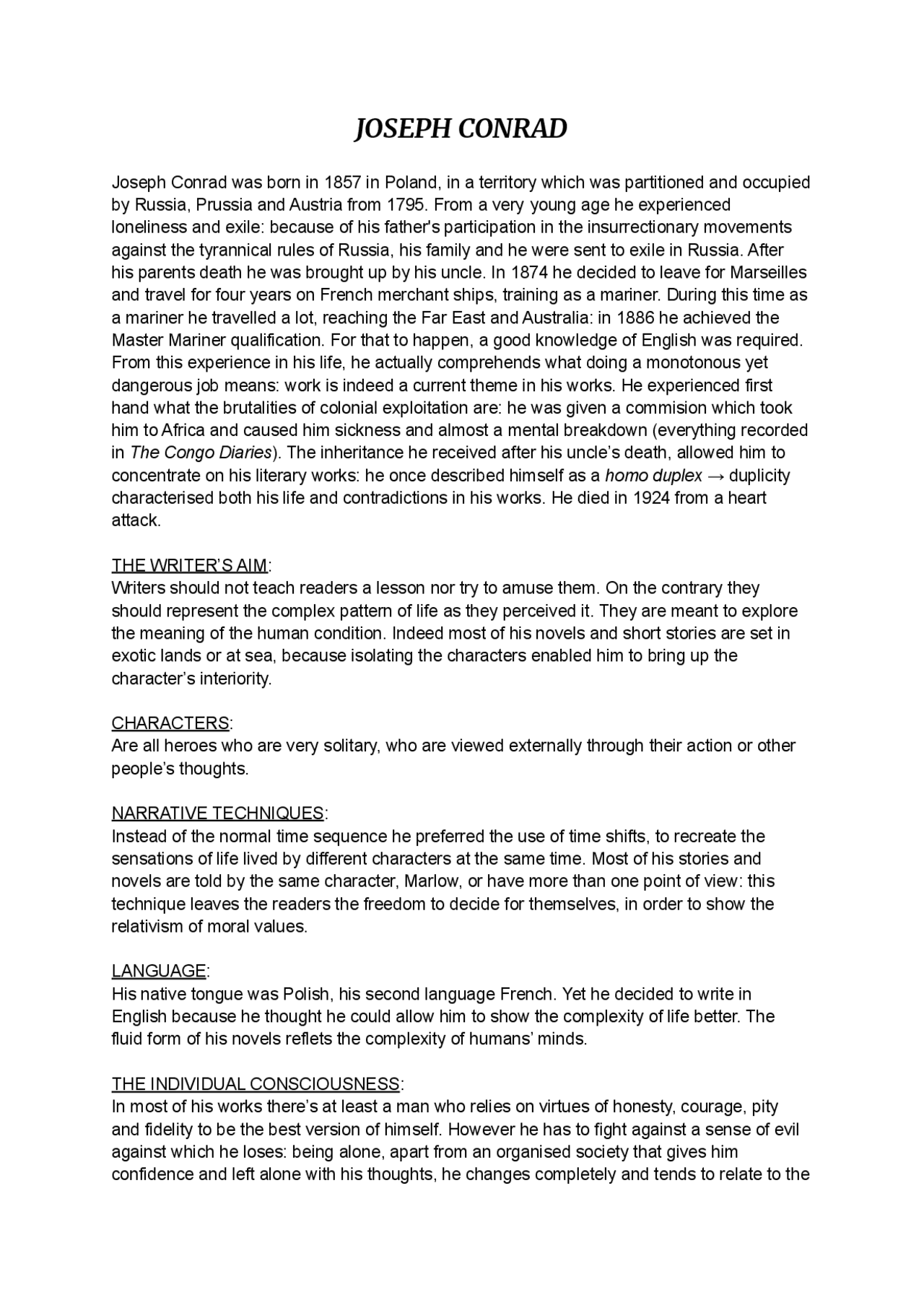 Riassunto sull'autore Joseph Conrad | Appunti di Inglese | Docsity