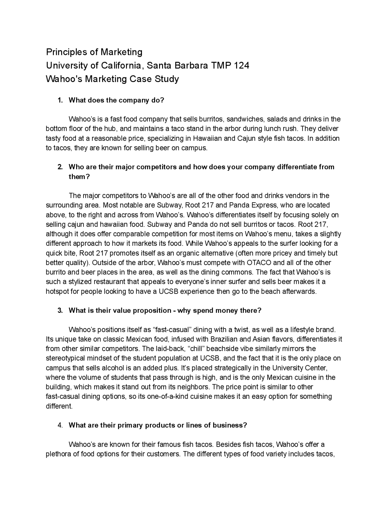 UCSB TMP 124 Principles of Marketing: Wahoo's Marketing Case Study ...