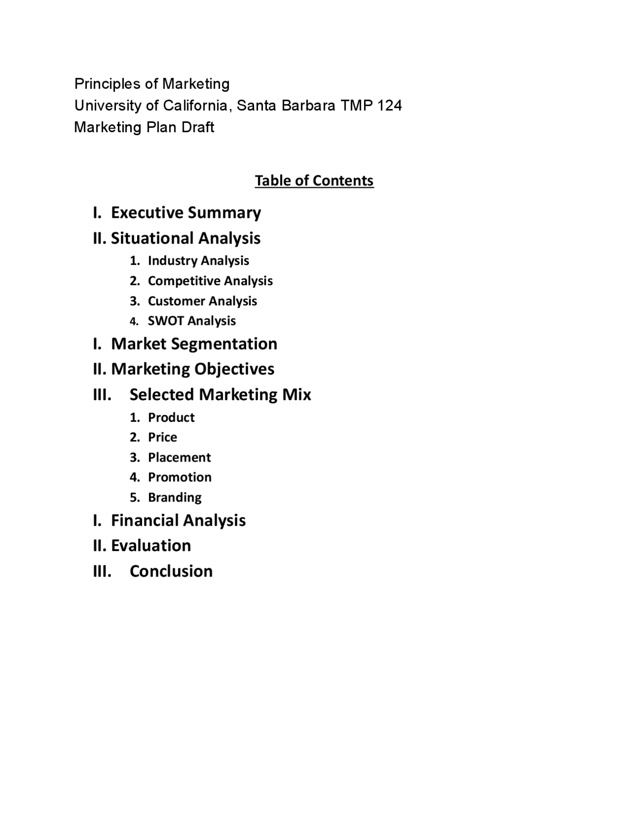 UCSB TMP 124 Principles of Marketing: Marketing Plan | Papers Marketing | Docsity