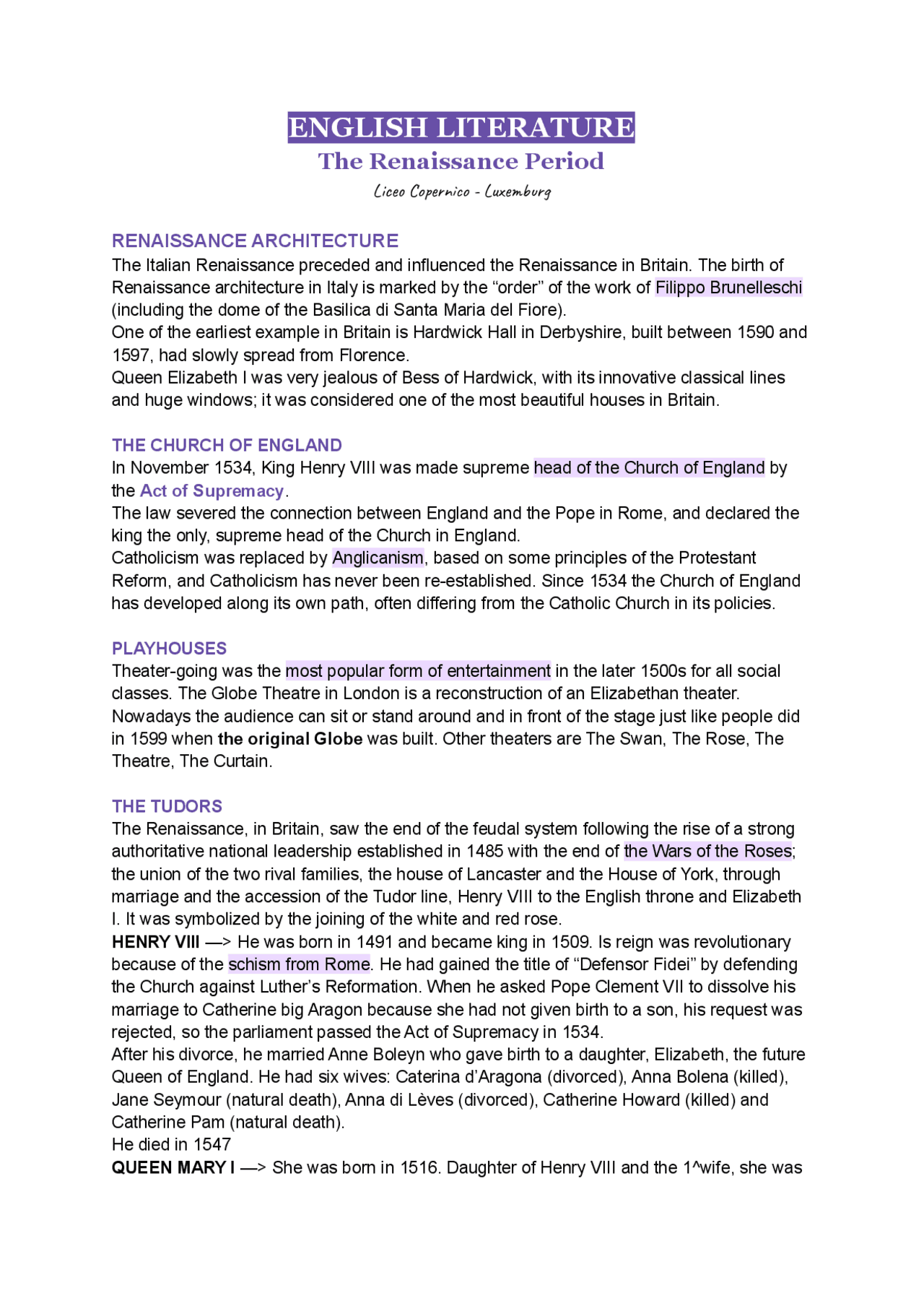 The Renaissance/Late Renaissance period - English Literature | Appunti ...