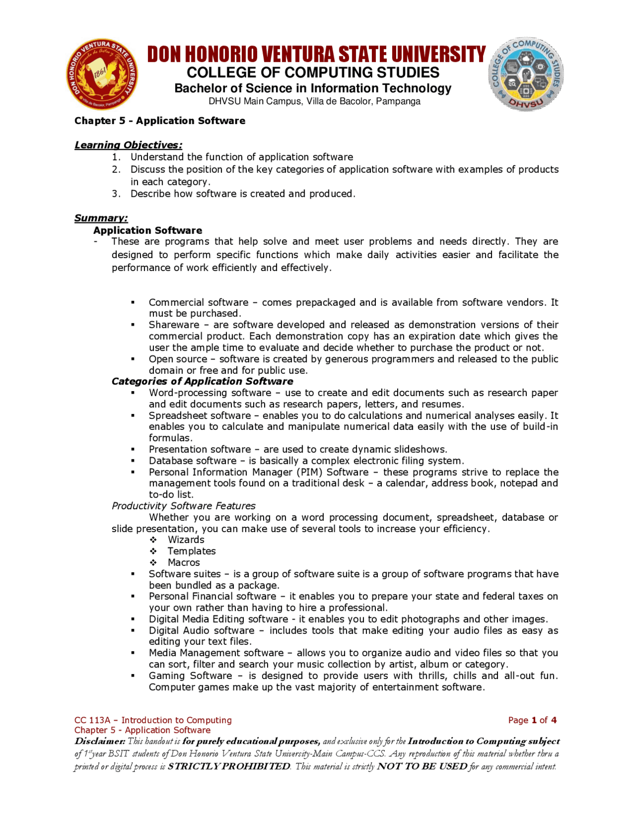 Applications Software Lecture Notes Introduction To Computing Docsity