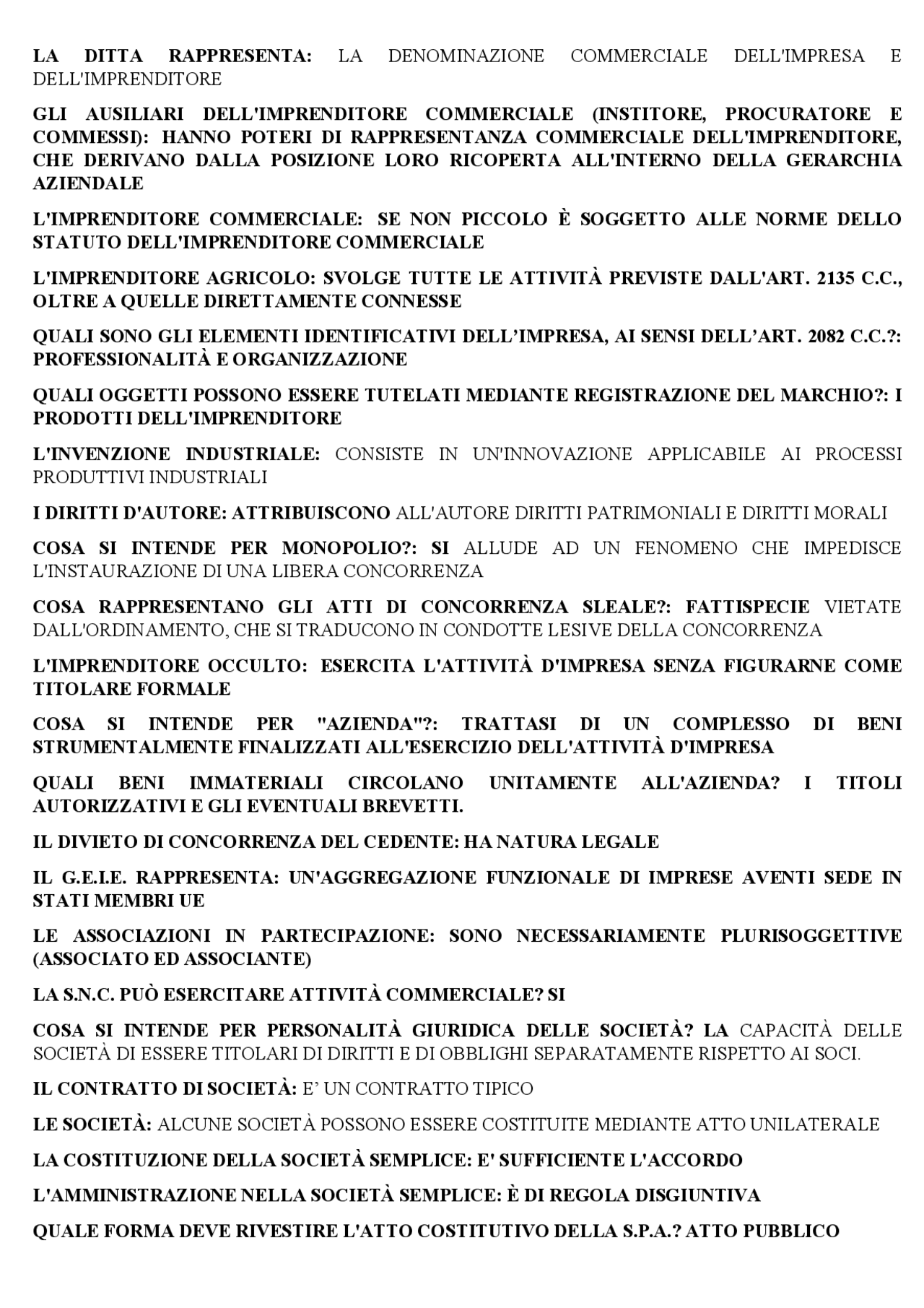 Quiz ripasso diritto commerciale | Esercizi di Diritto Commerciale | Docsity