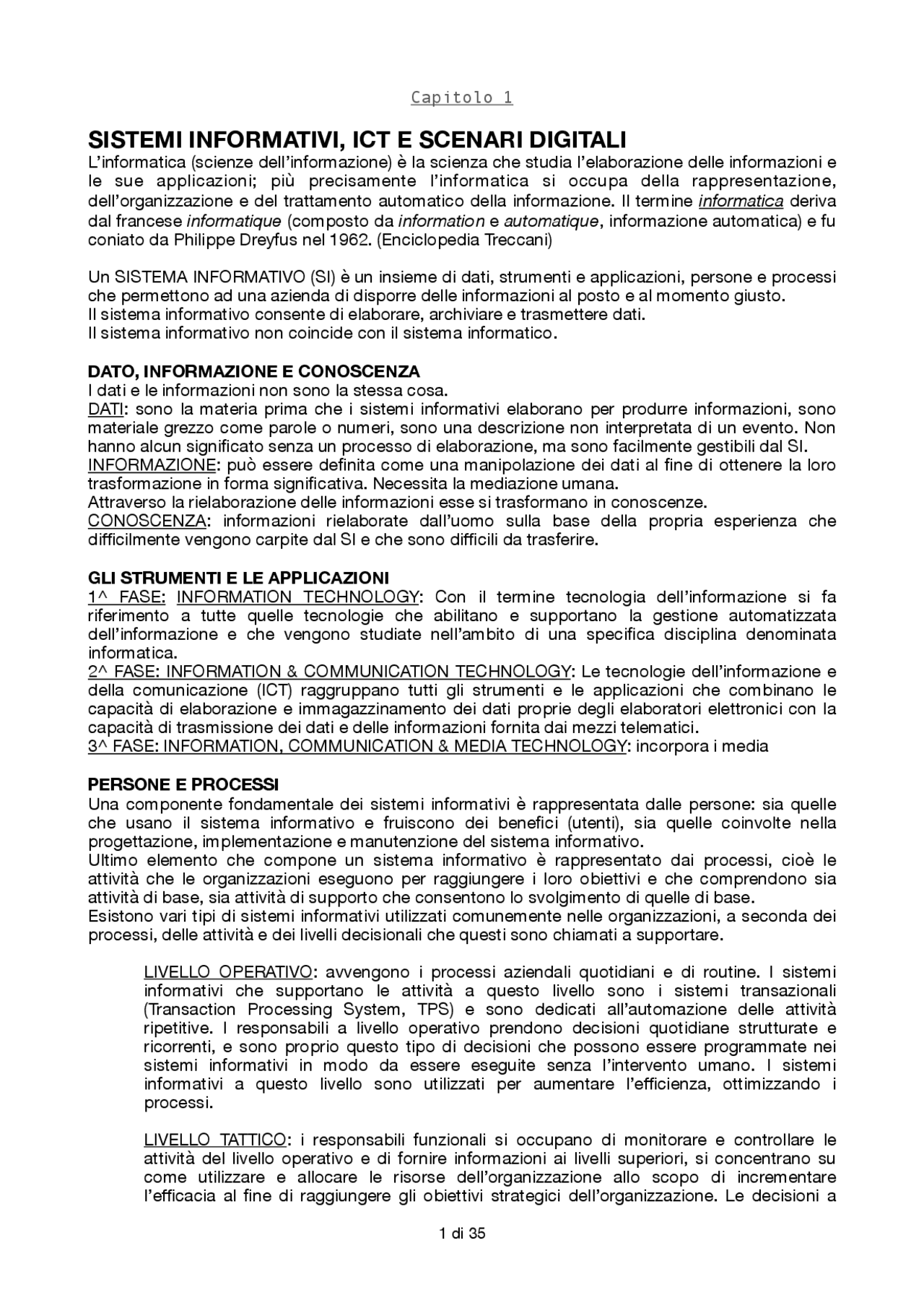 Informatica e sistemi informativi - Elisabetta Tosini | Dispense di Sistemi Informativi | Docsity