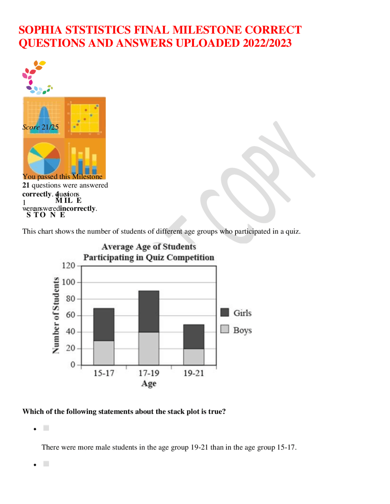 SOPHIA STSTISTICS FINAL MILESTONE QUESTIONS AND ANSWERS (100% VERIFIED ...