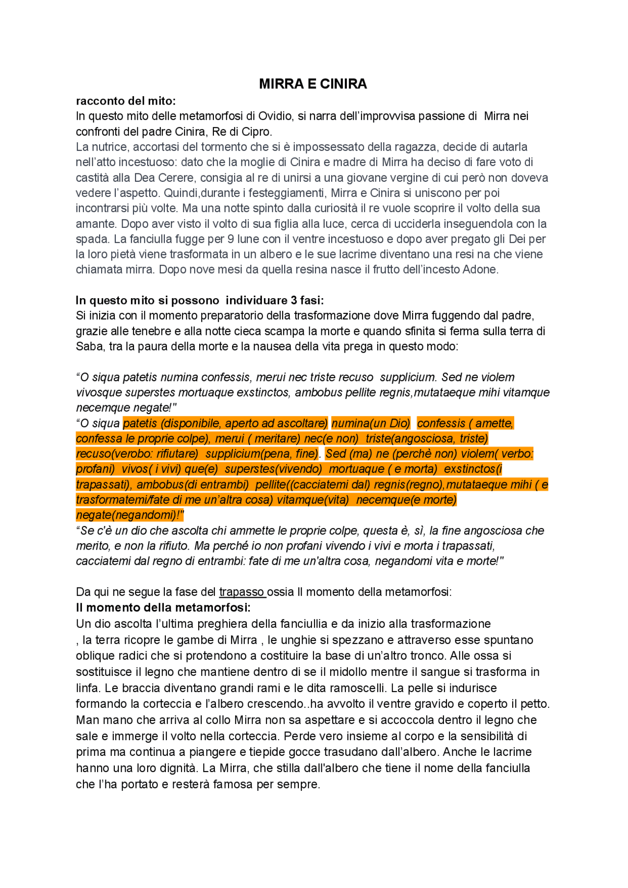 MIRRA E CINIRA--METAMORFOSI OVIDIO | Study notes Latin | Docsity
