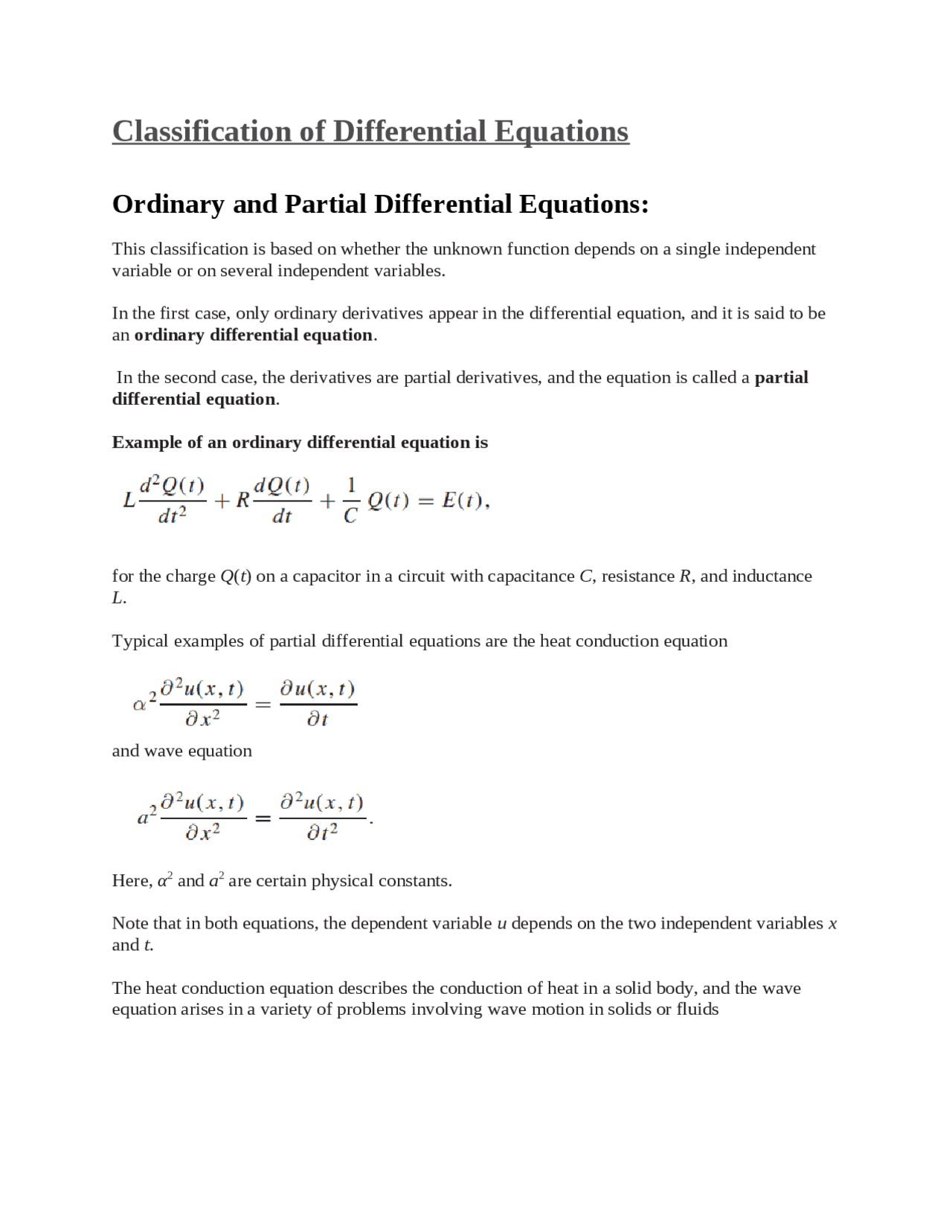 Classification Of Differential Equations Summaries Mathematics Docsity