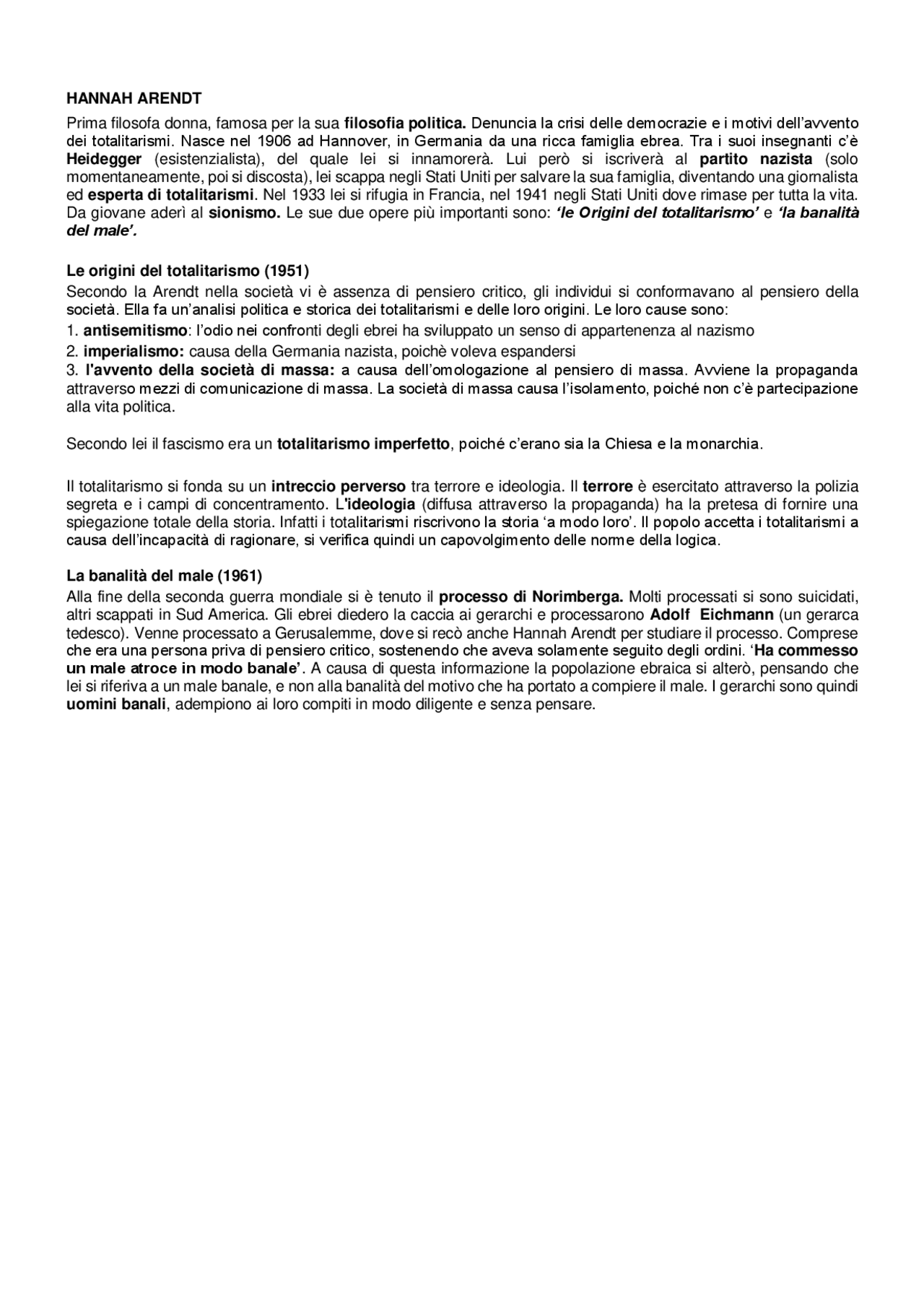 Hannah Arendt E Opere Appunti Di Filosofia Docsity