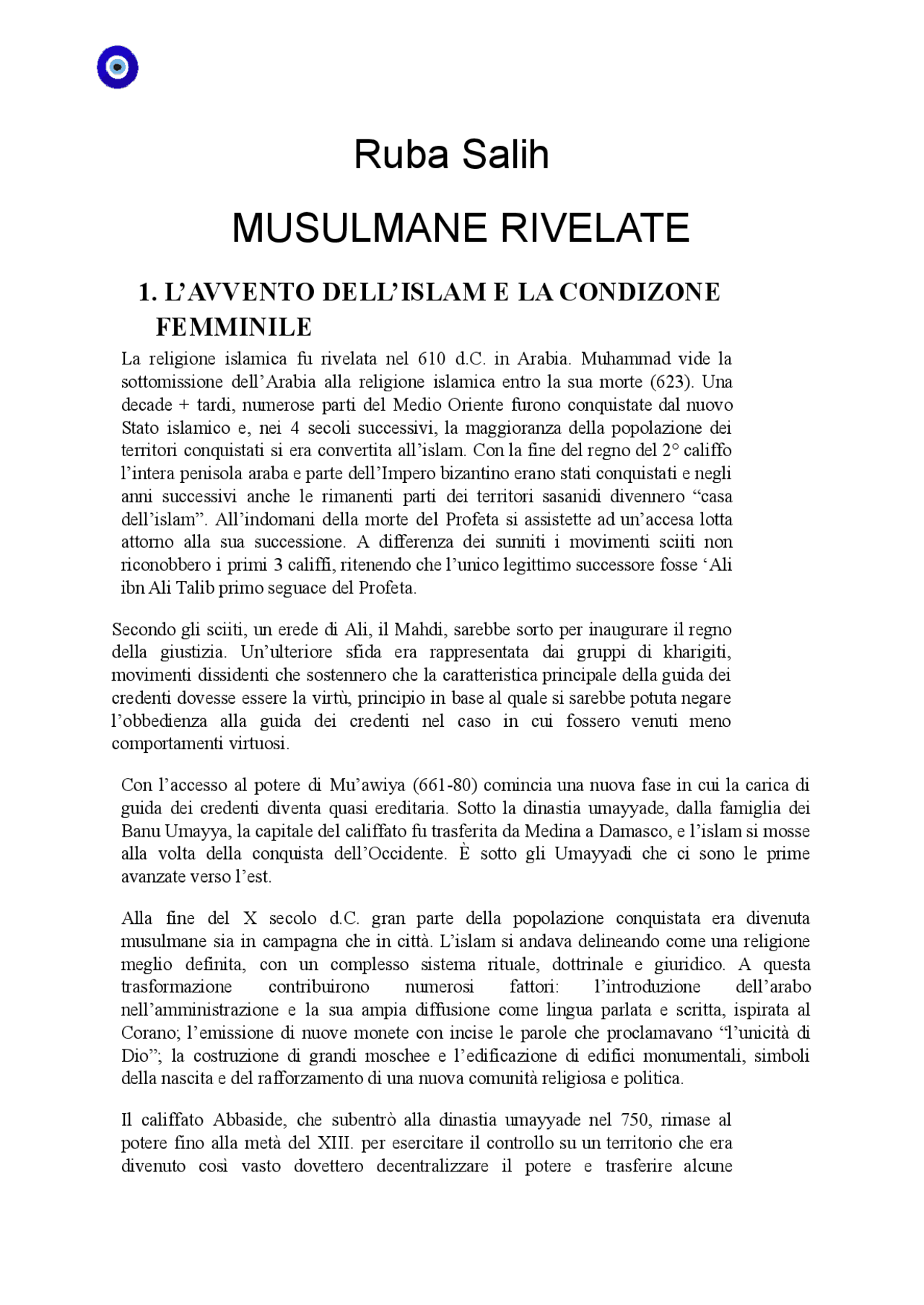 Ruba Salih Musulmane Rilevate | Schemi e mappe concettuali di Storia ...
