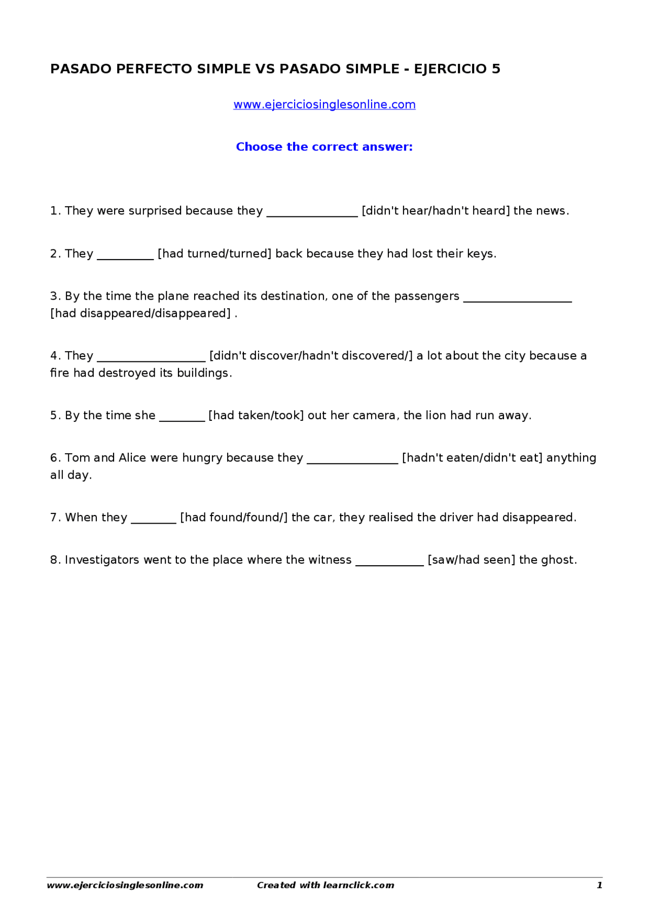 Pasado perfecto y pasado simple | Ejercicios de Inglés | Docsity