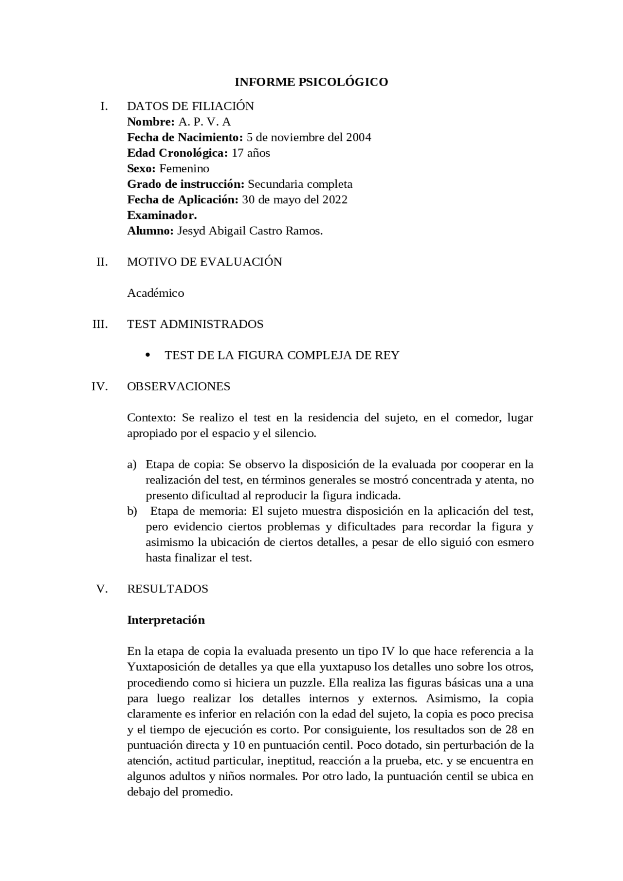 Informe Psicológico Test De Rey Ejercicios De Psicometría Docsity