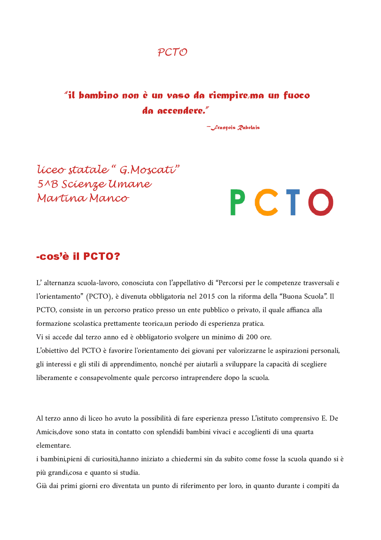Spiegazione Percorso Pcto Appunti Di Scienze Umane Docsity