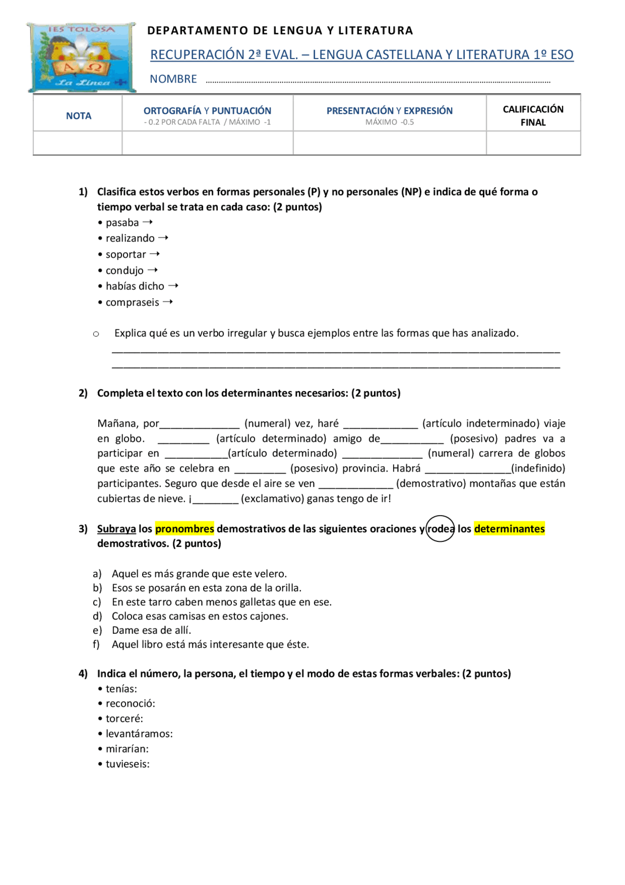Examen de recuperación 2ª evaluación 1º de ESO Lengua y Literatura | Exámenes de Lengua y ...