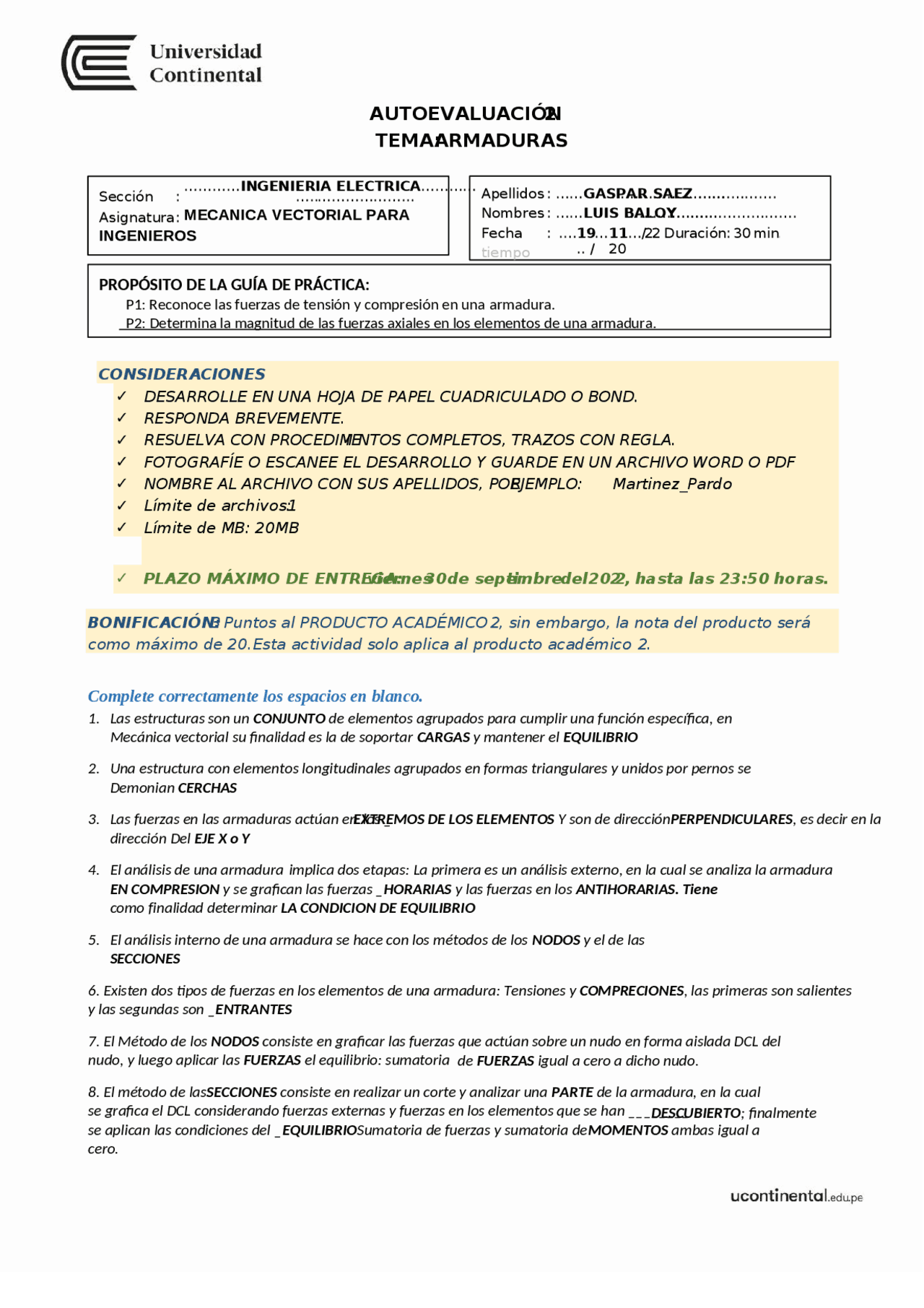 Autoevaluacion N°2 Tema De Armaduras Ejercicios De Mecánica Docsity