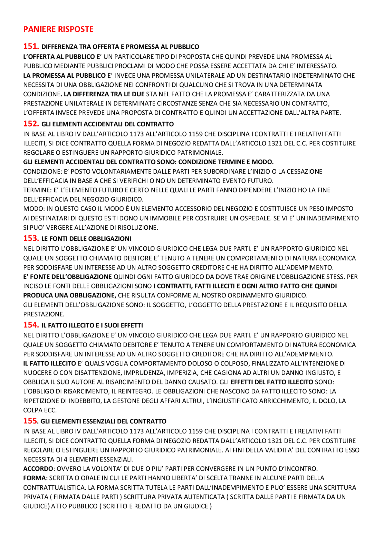 PANIERE COMPLETO DIRITTO PRIVATO Prof Filippelli APERTE | Panieri di Diritto Privato | Docsity