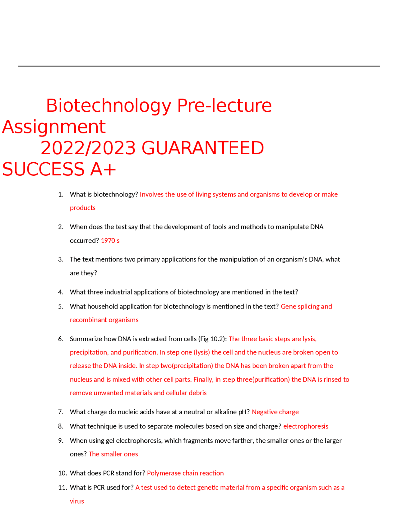 Biotechnology Pre-lecture Assignment 2022/2023 GUARANTEED SUCCESS A+ ...