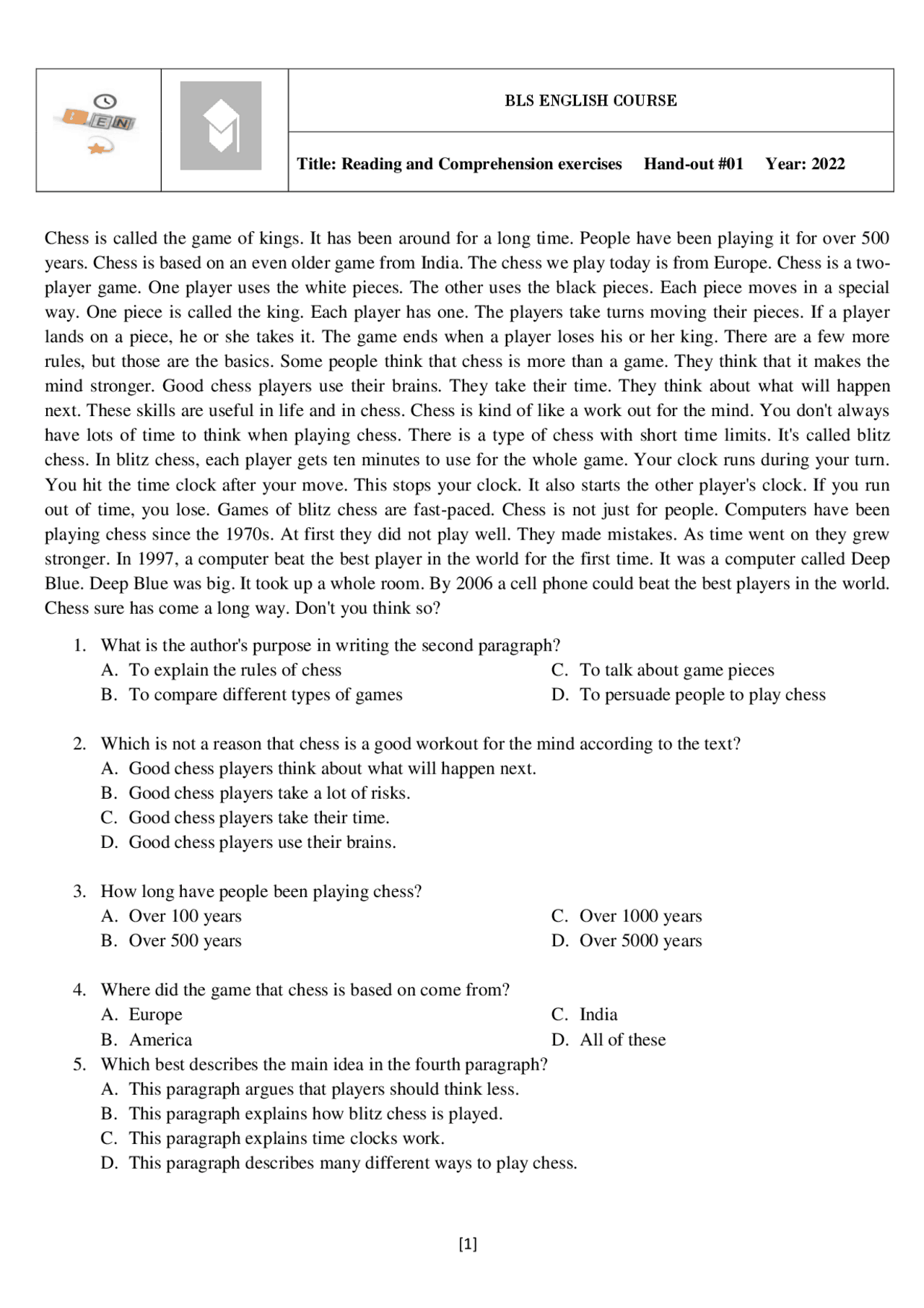 Understanding the Basics of Chess: A Reading and Comprehension Exercise ...