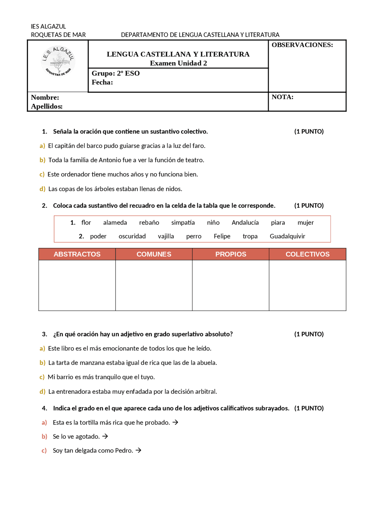 Examen de la unidad 2 de 2º de ESO Lengua y Literatura | Exámenes de Lengua y Literatura | Docsity