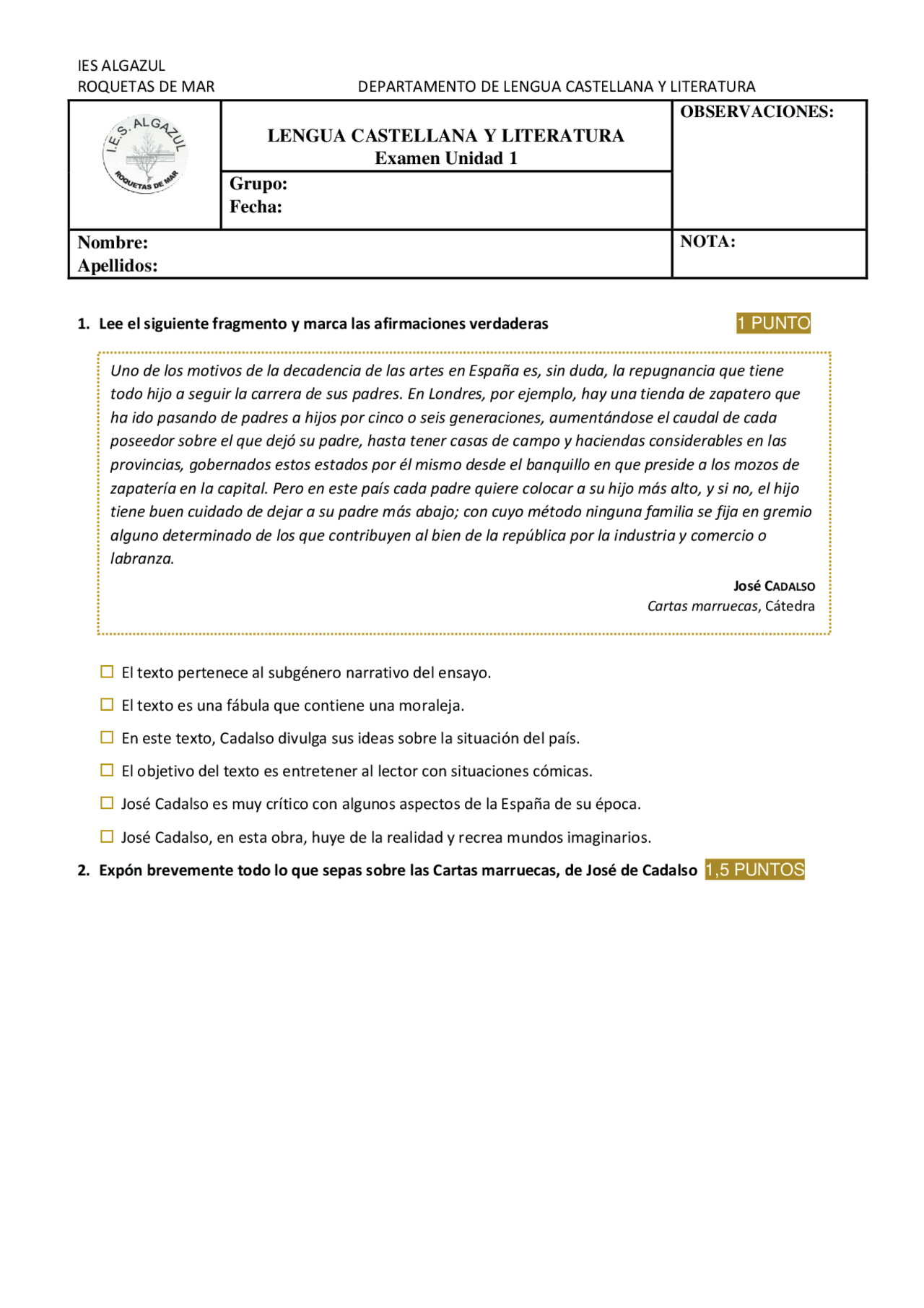 Examen de la unidad 1 de 4º de ESO Lengua y Literatura | Exámenes de Lengua y Literatura | Docsity