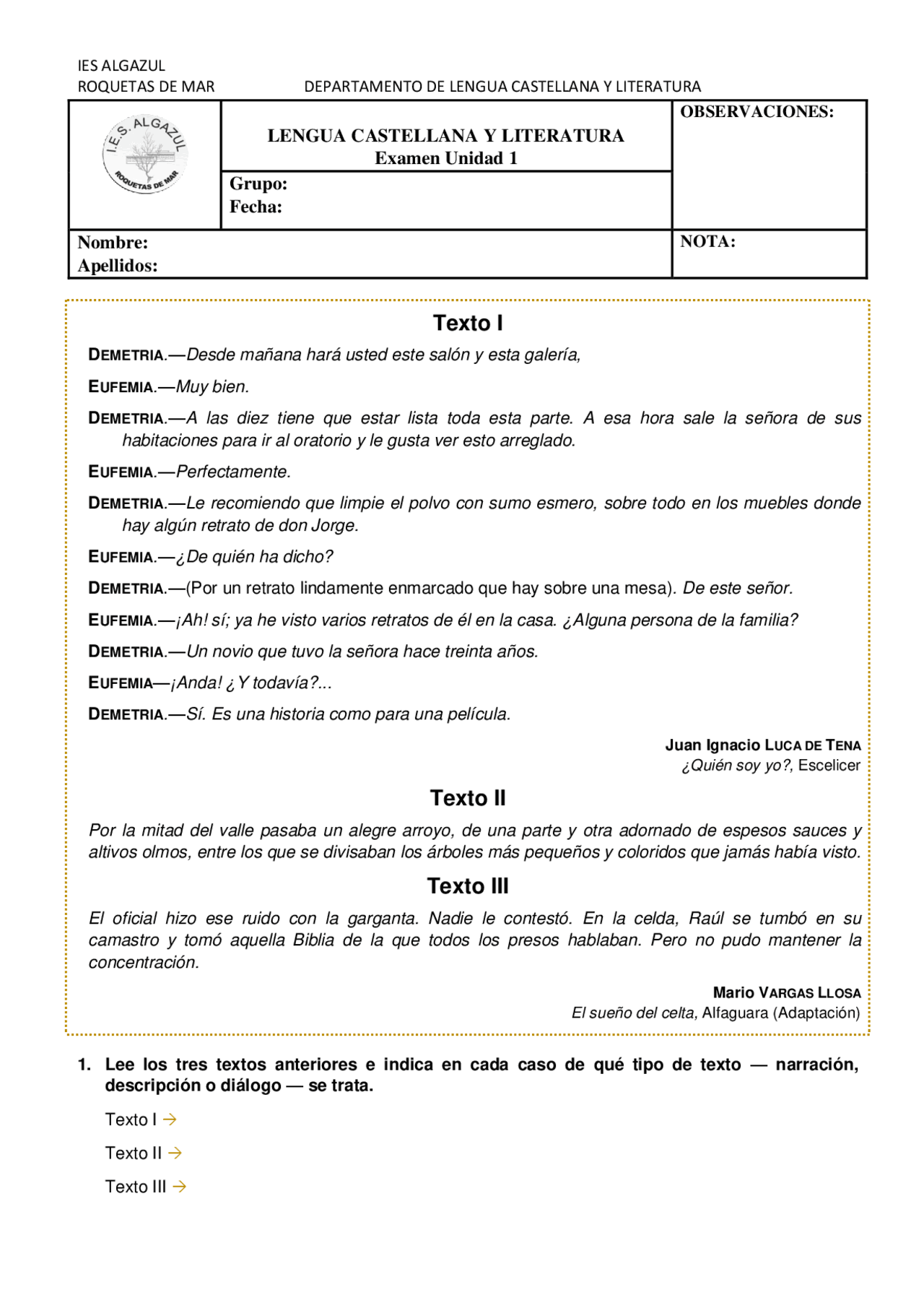 Examen de la unidad 1 de 2º de ESO Lengua y Literatura | Exámenes de Lengua y Literatura | Docsity