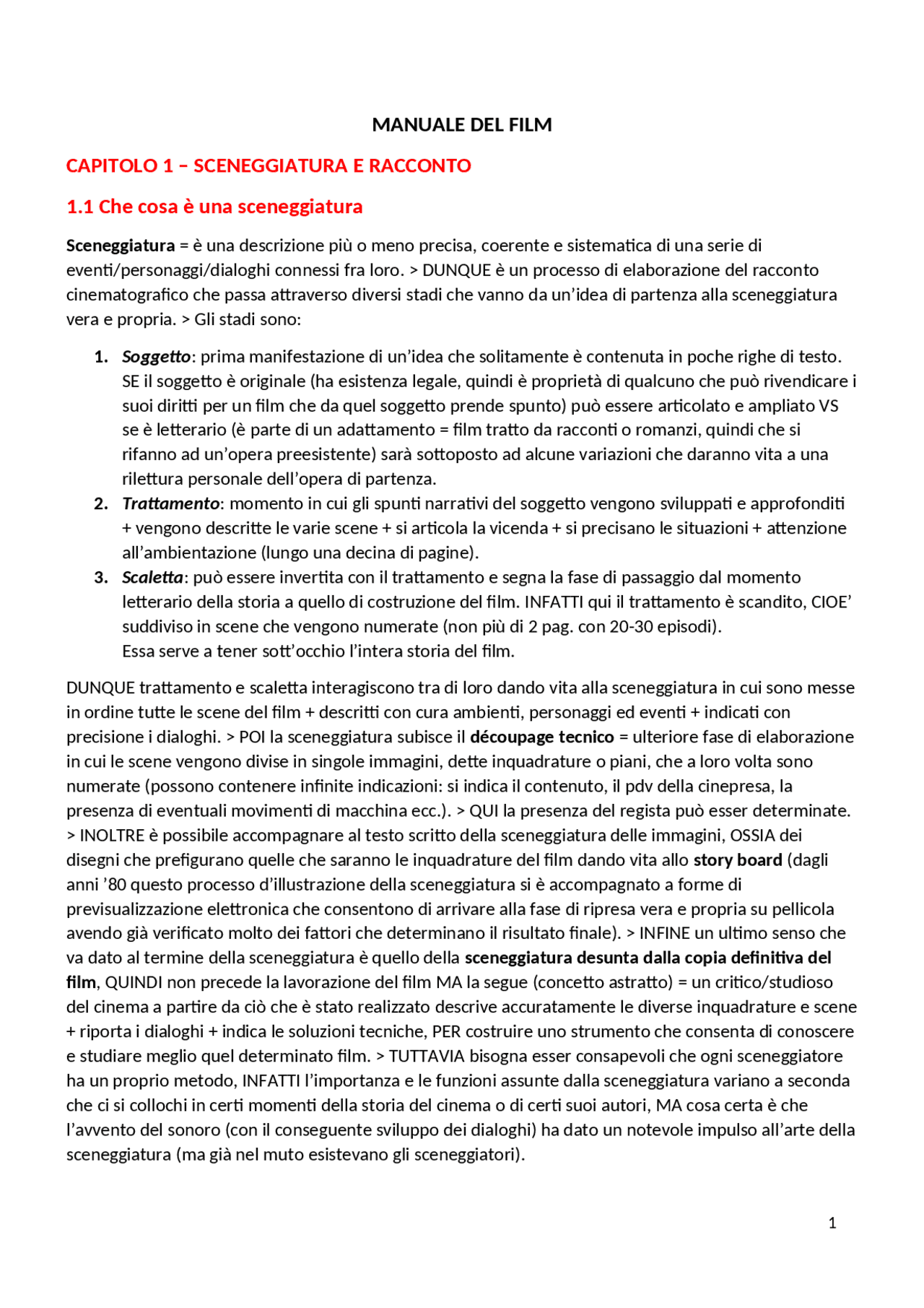 Riassunto 1° capitolo Manuale del Film | Schemi e mappe concettuali di ...