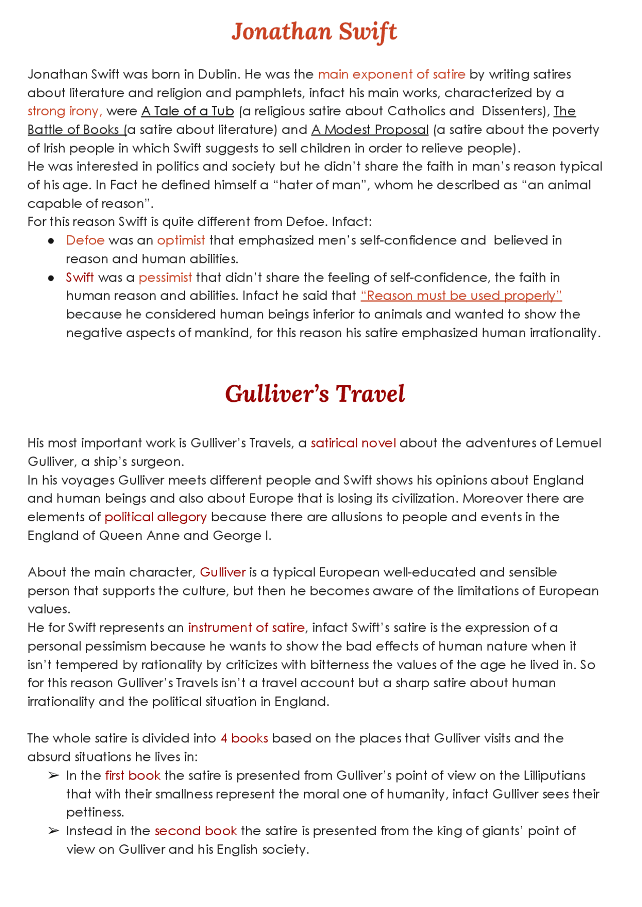 Jonathan Swift And Gullivers Travel” Appunti Di Inglese Docsity