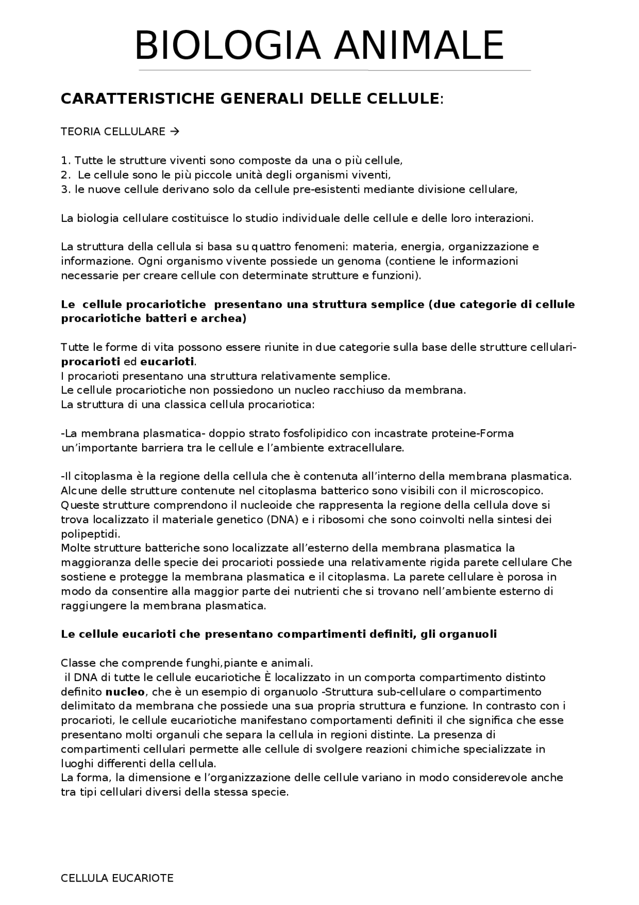 Biologia animale la cellula | Appunti di Biologia Animale | Docsity