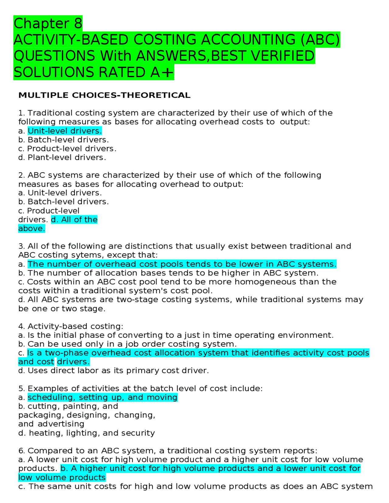 Chapter 8 ACTIVITY-BASED COSTING ACCOUNTING (ABC) QUESTIONS With ...