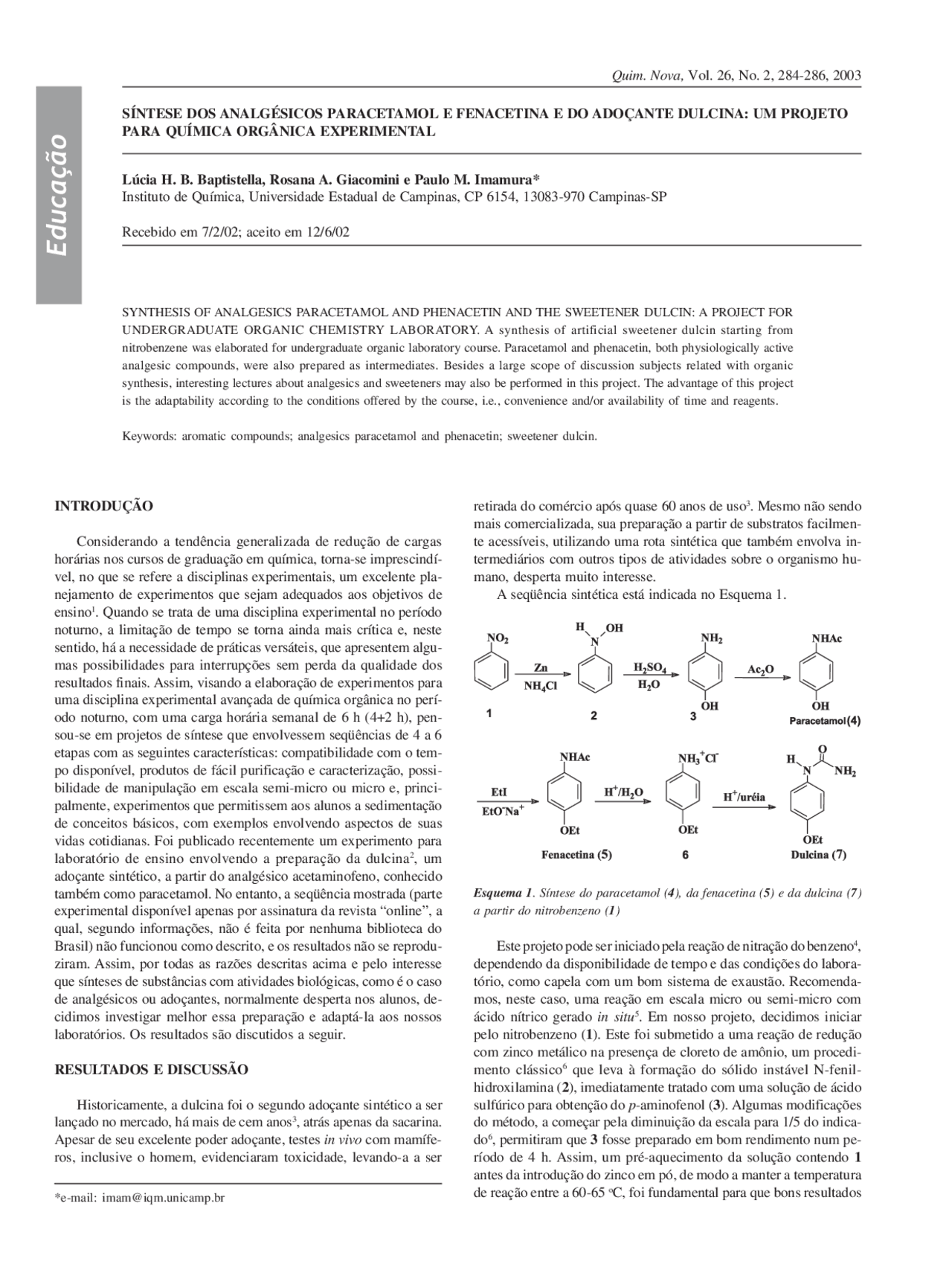 SÍNTESE DOS ANALGÉSICOS PARACETAMOL E FENACETINA E DO ADOÇANTE DULCINA ...