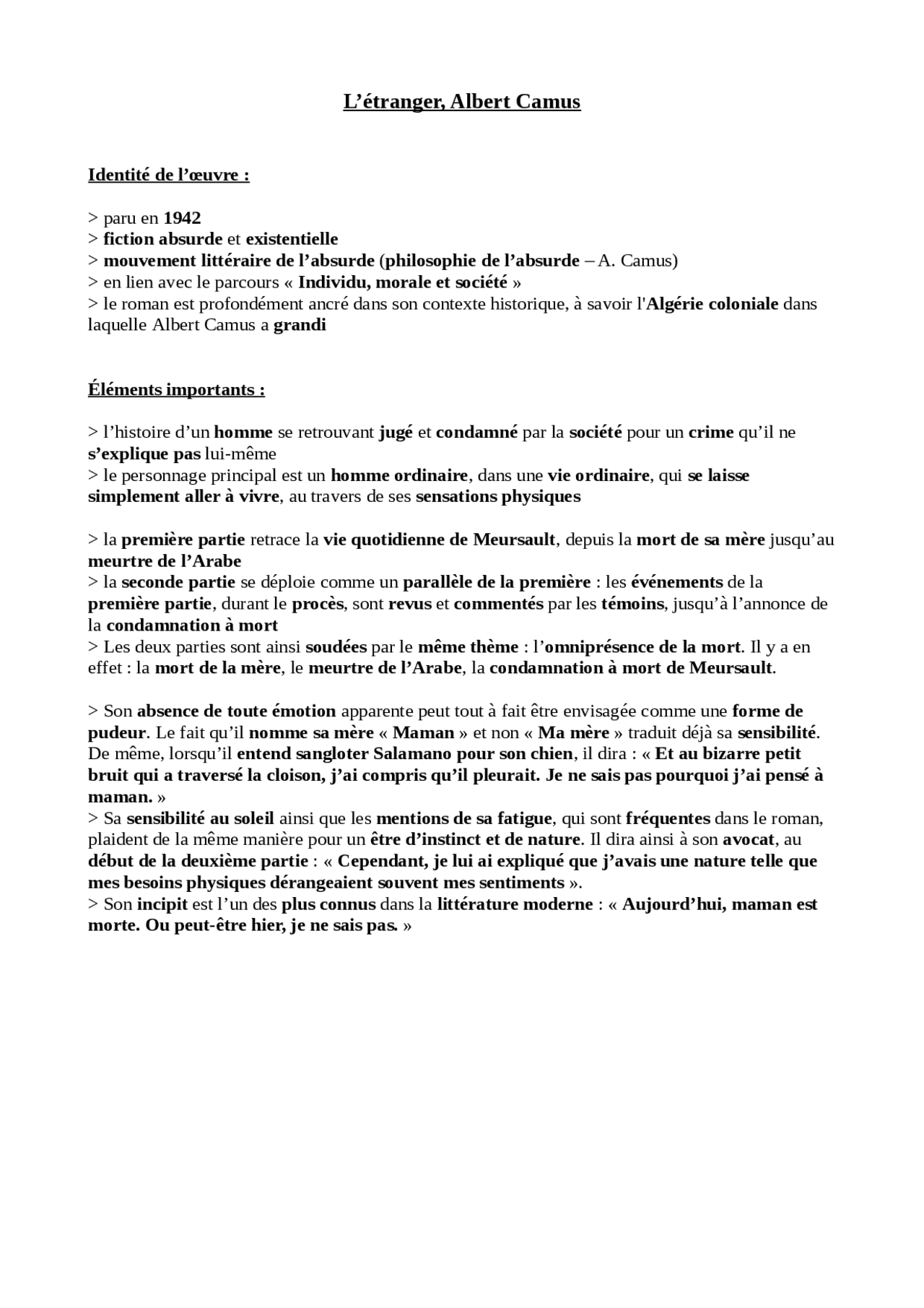 Fiche - L'étranger, Albert Camus | Schémas Français | Docsity