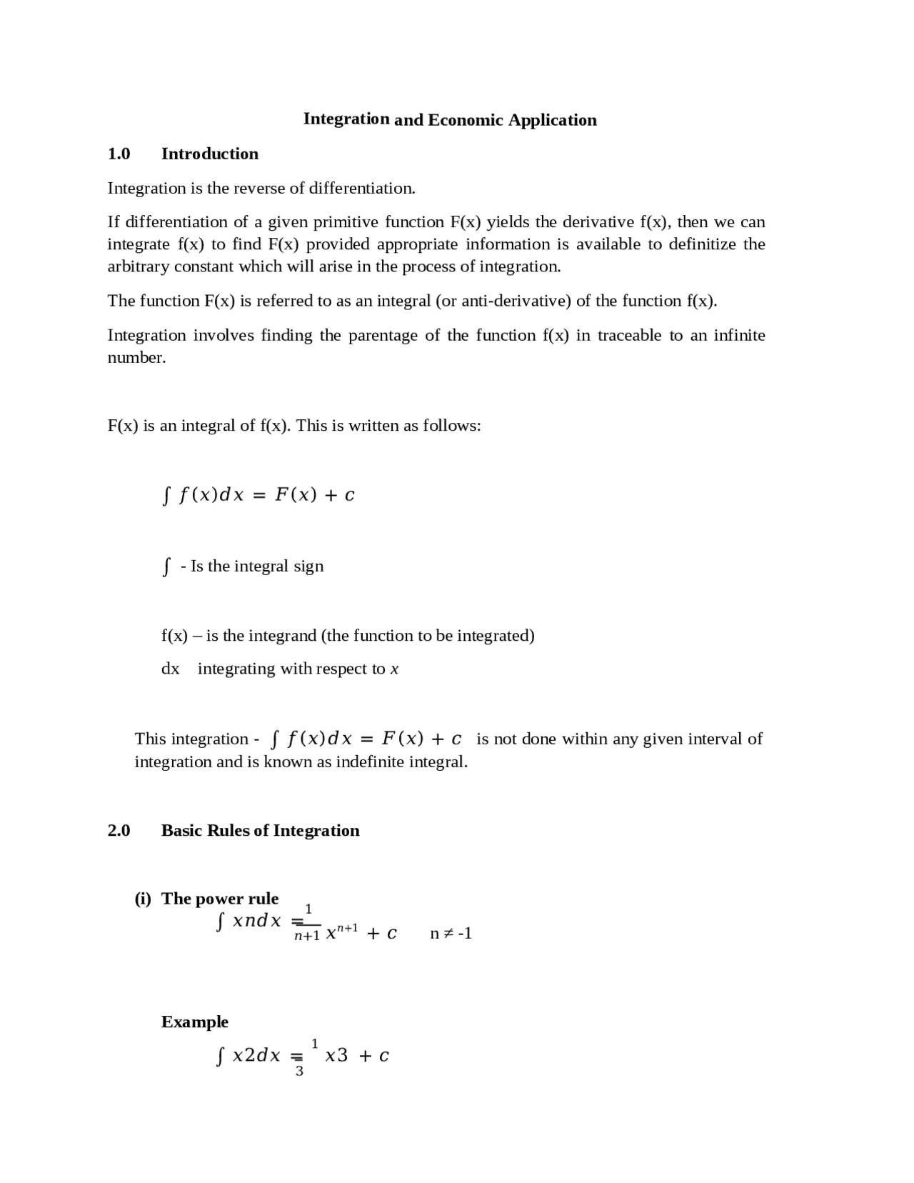 Integration And Economic Application Exams Economics Docsity