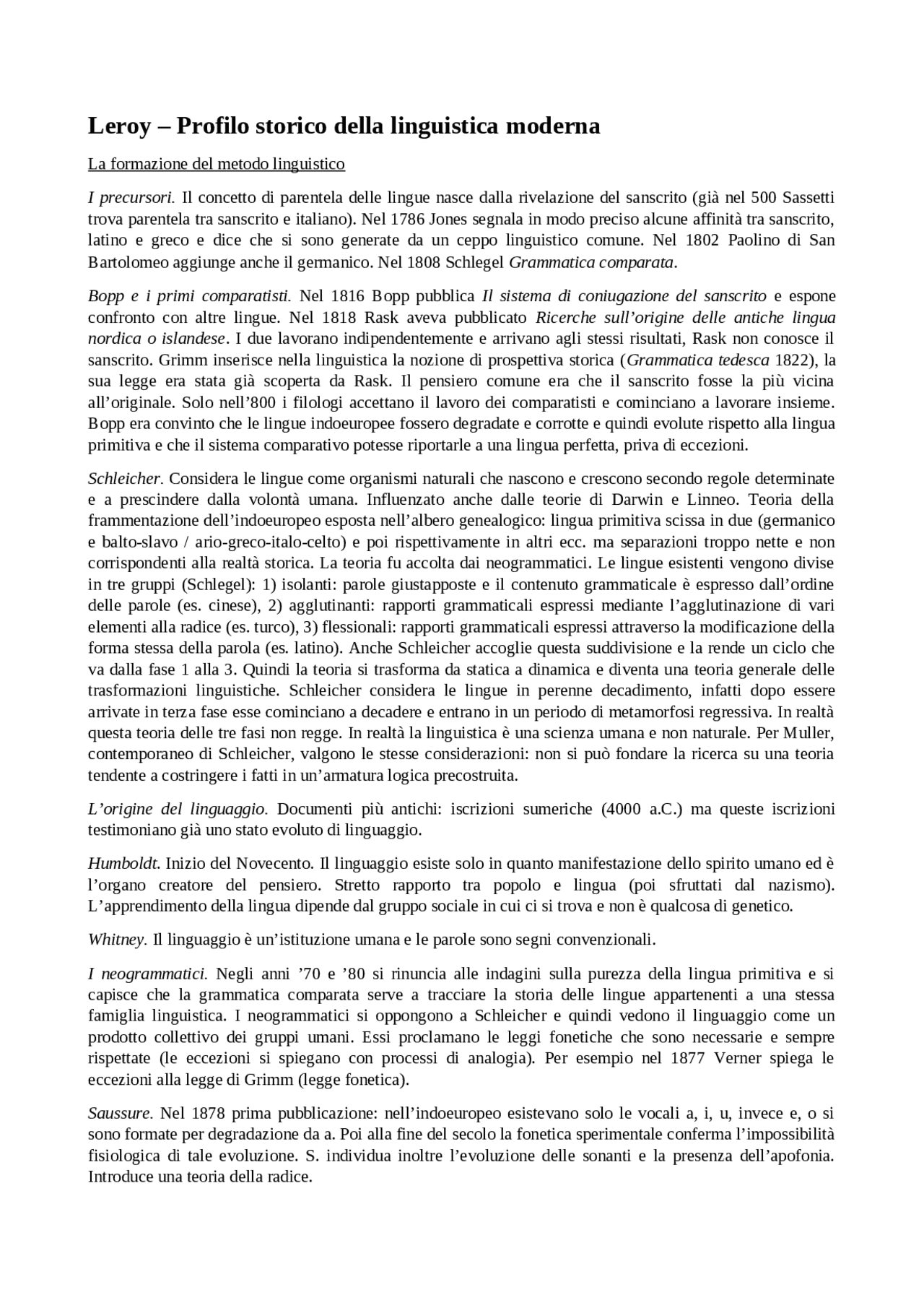 Riassunto Profilo Storico Della Linguistica Moderna Di Leroy Appunti