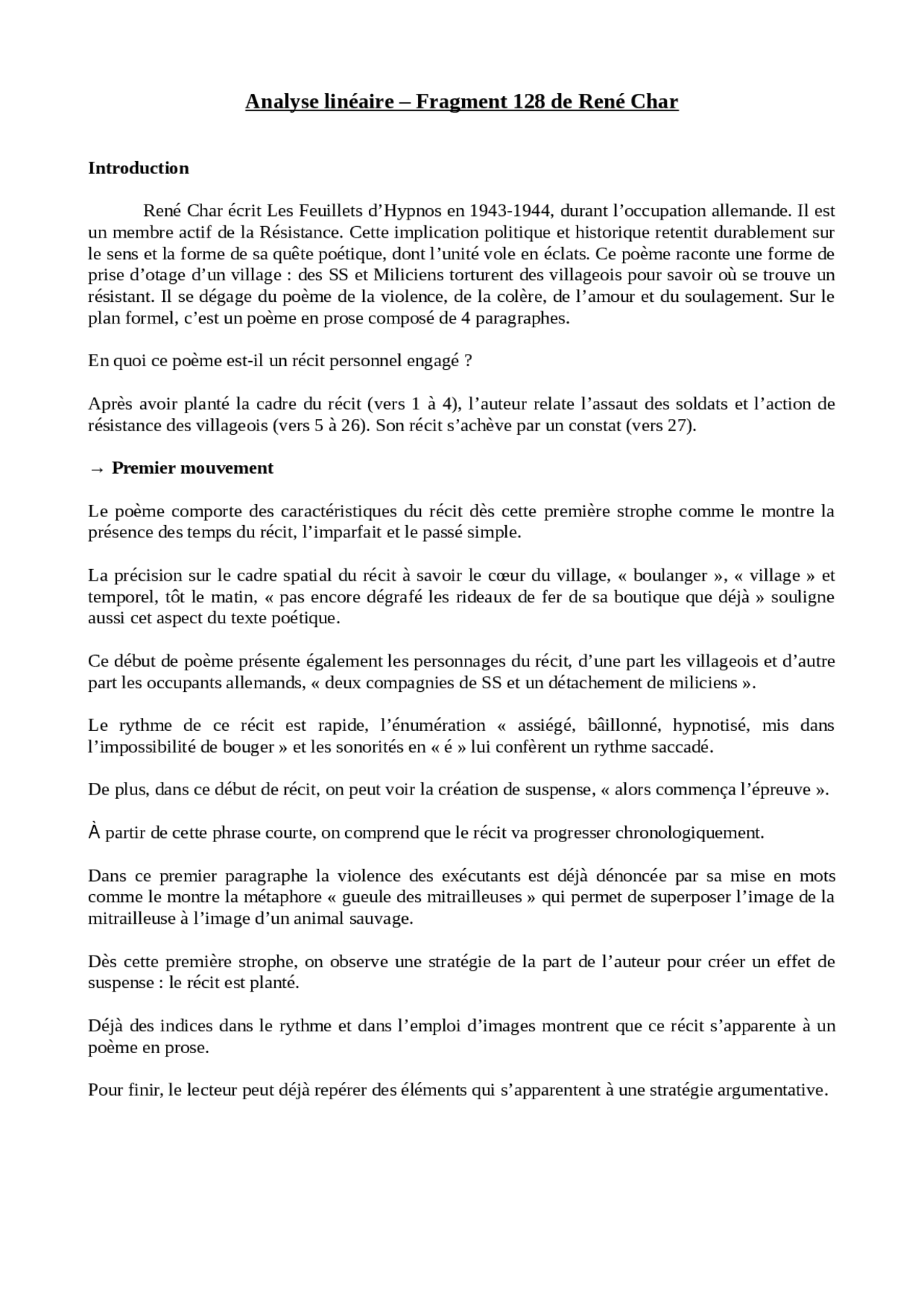 Analyse Littéraire Fragment 128 De René Char Maturité Tests