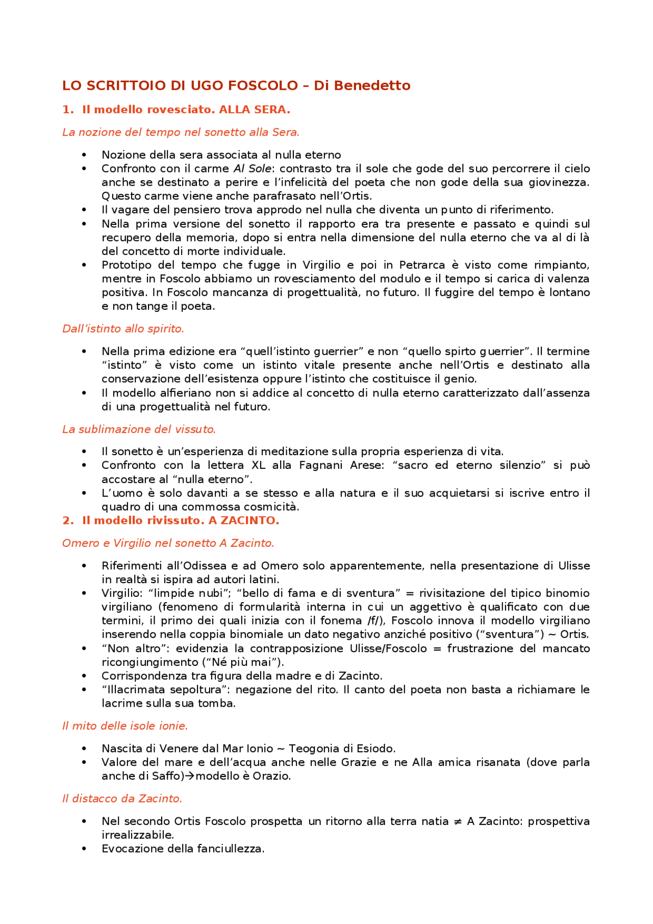 Riassunto Del Manuale Lo Scrittoio Di Ugo Foscolo Appunti Di