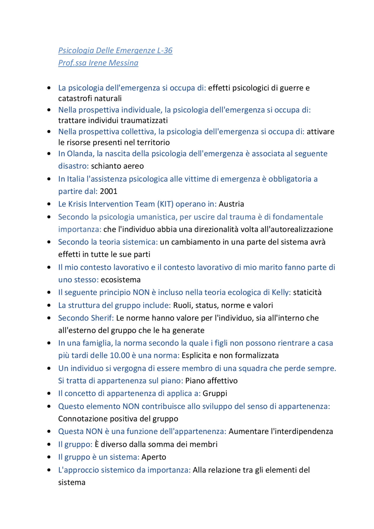 Psicologia delle Emergenze L-36 | Prove d'esame di Psicologia Giuridica | Docsity