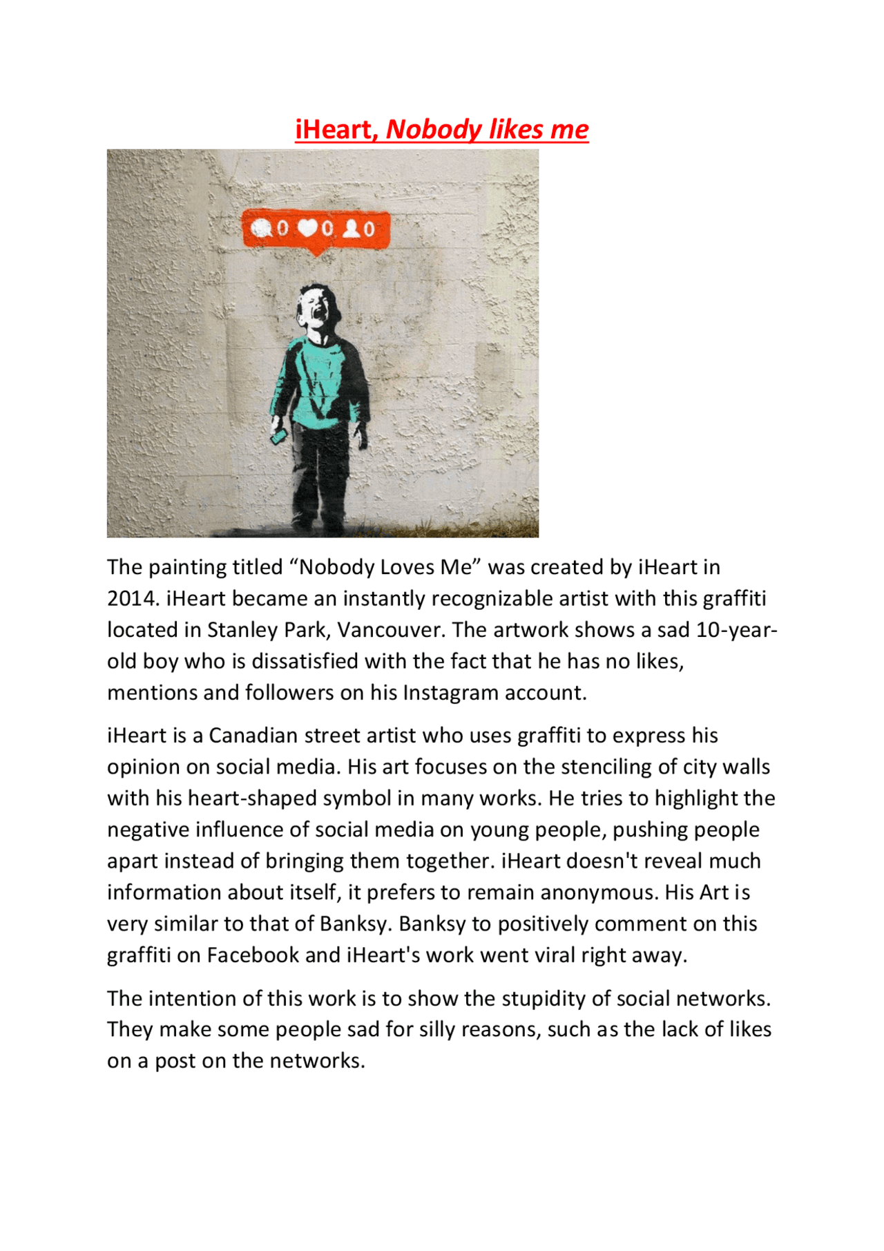 Présentation Œuvre Banksy Résumés Anglais Docsity