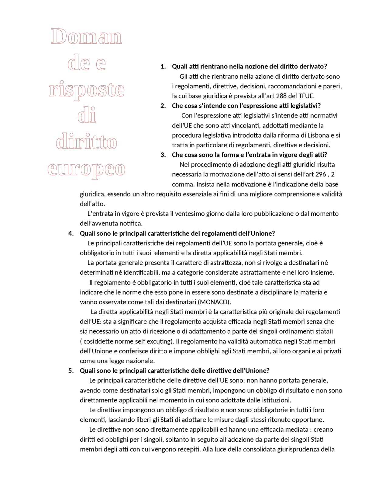 Domande e risposte di diritto dell'Unione europea | Esercizi di Diritto dell'Unione Europea ...