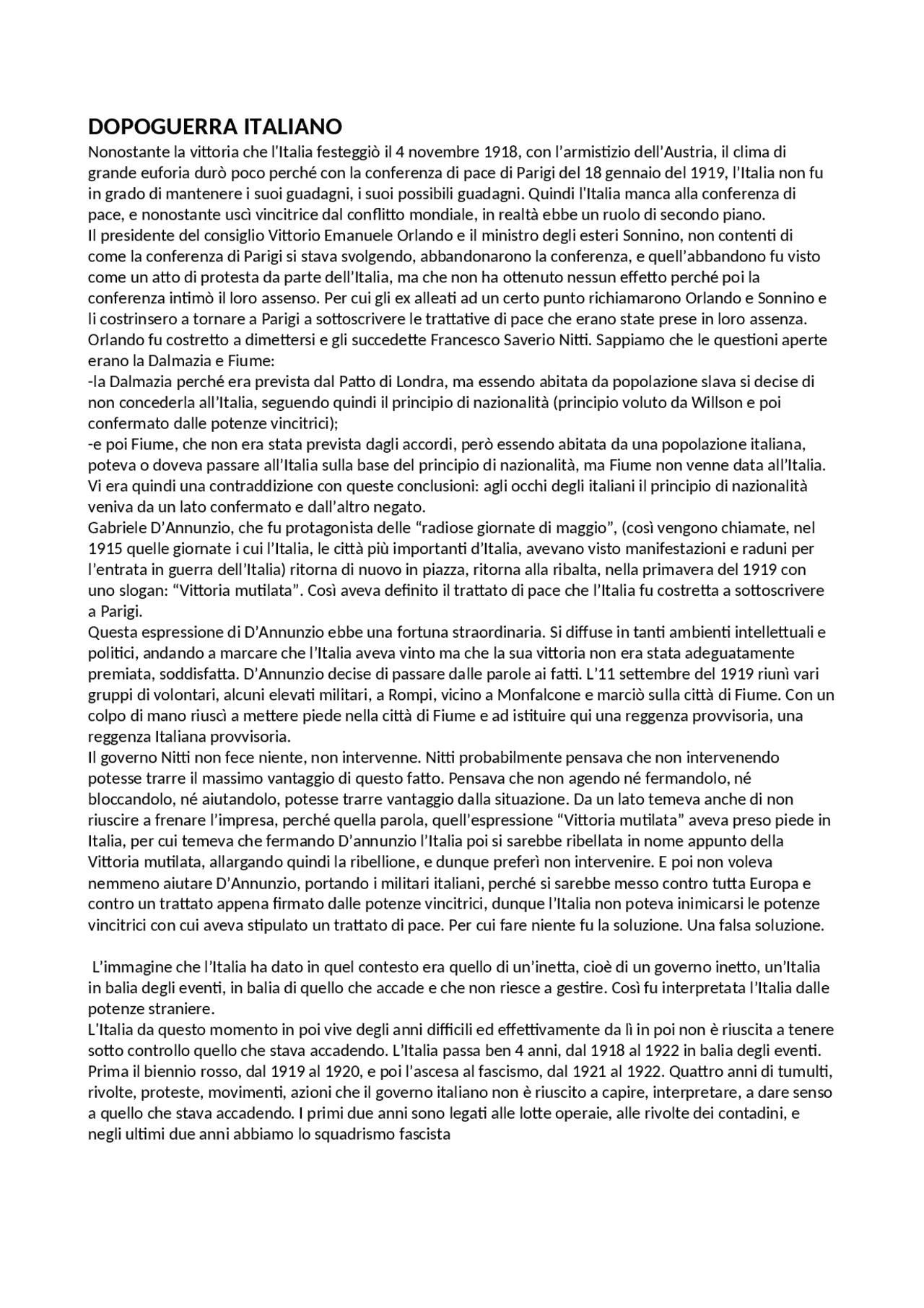 Riassunto di storia dal dopoguerra italiano al potere di Mussolini | Appunti di Storia | Docsity