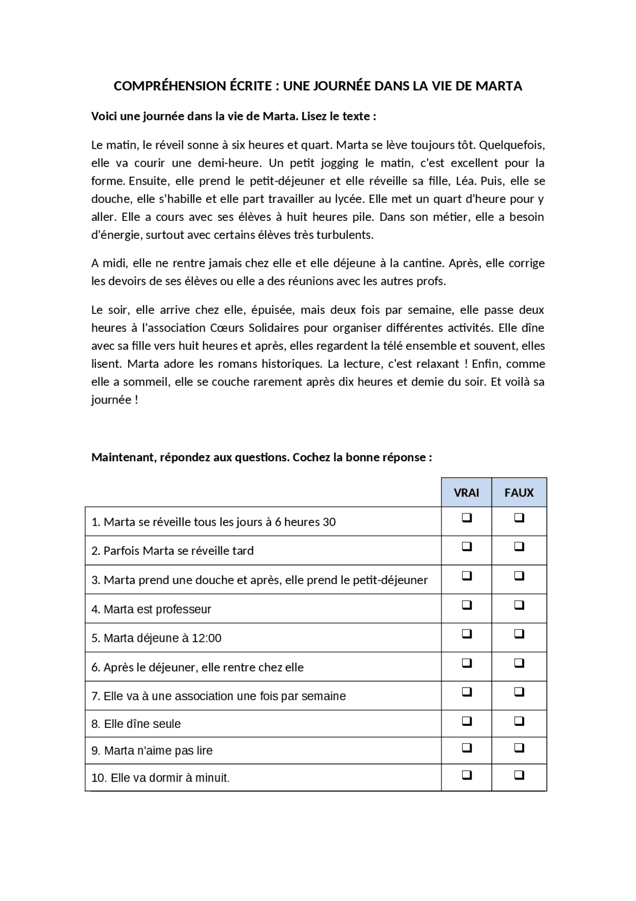 Une journee dans la vie de marta | Exámenes selectividad de Francés ...