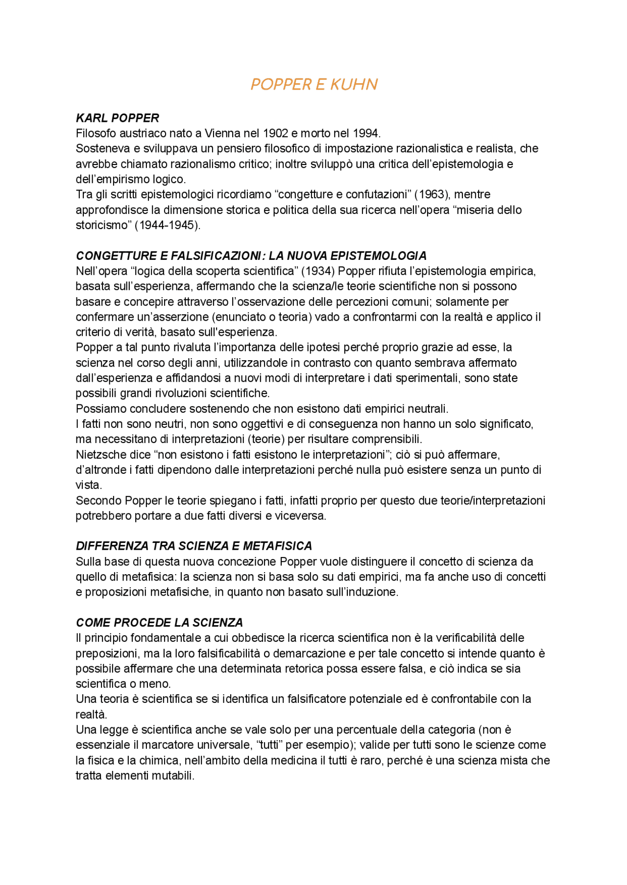 Karl Popper E Thomas Kuhn Appunti Di Filosofia Docsity