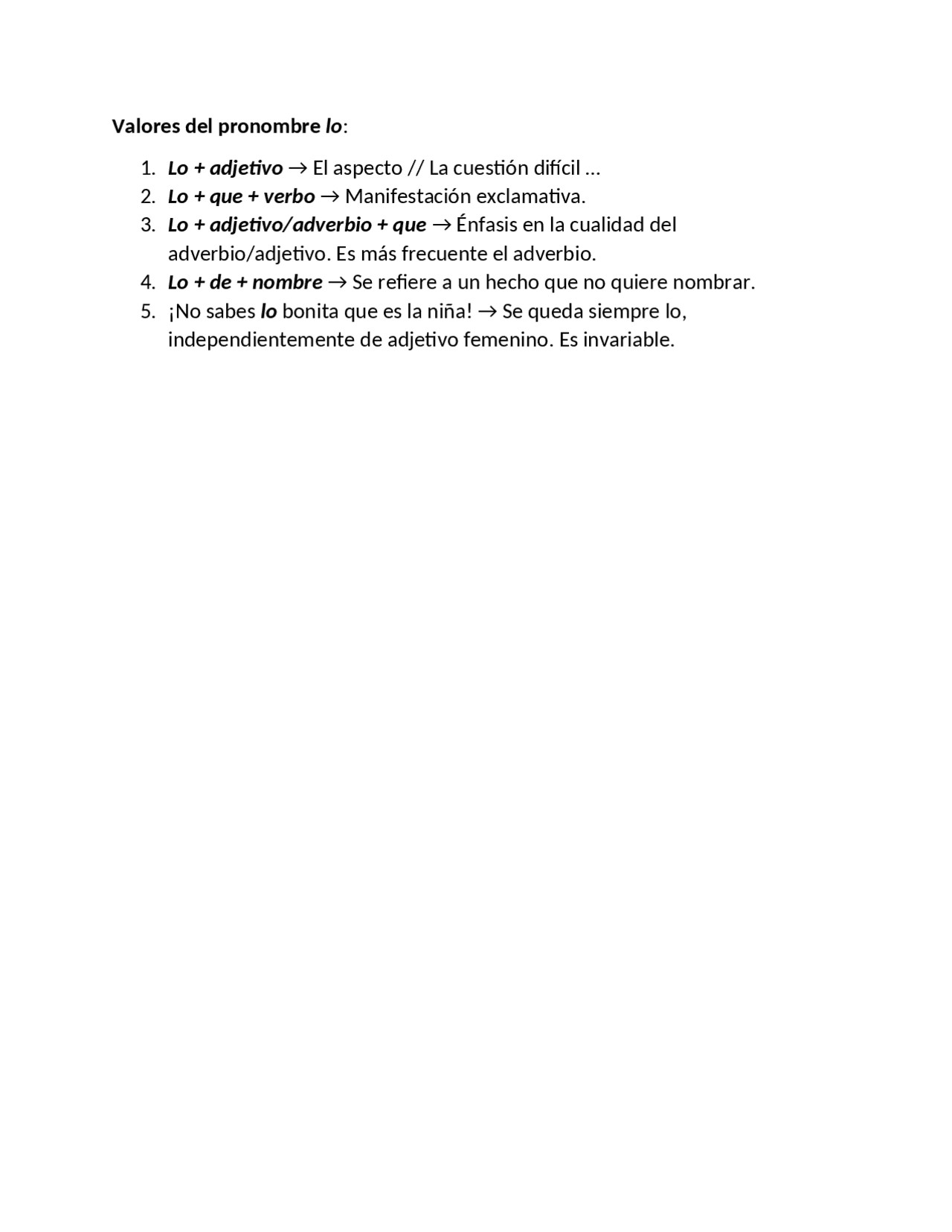 Valores del pronombre lo en español | Appunti di Lingua Spagnola | Docsity