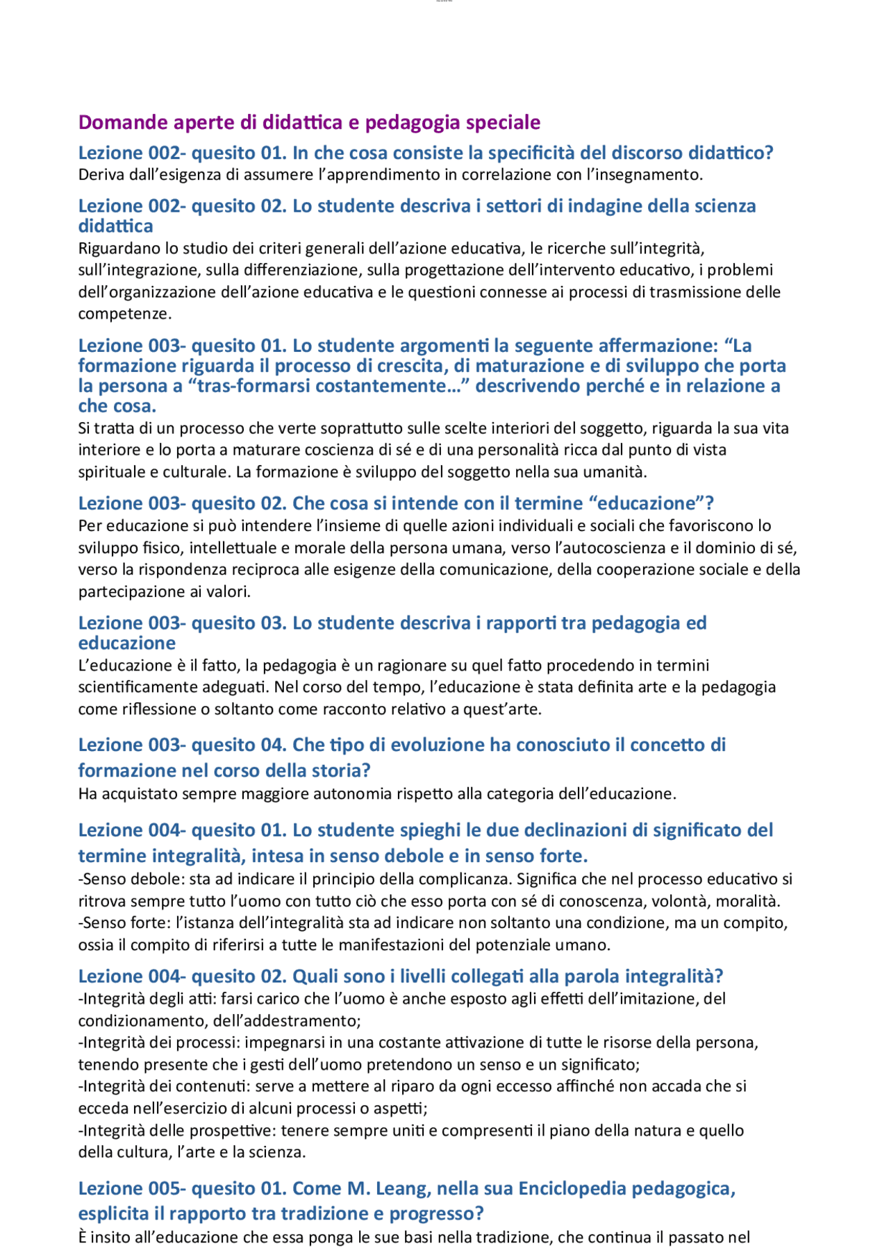 Domande Aperte Didattica E Pedagogia Speciale Ecampus Panieri Di