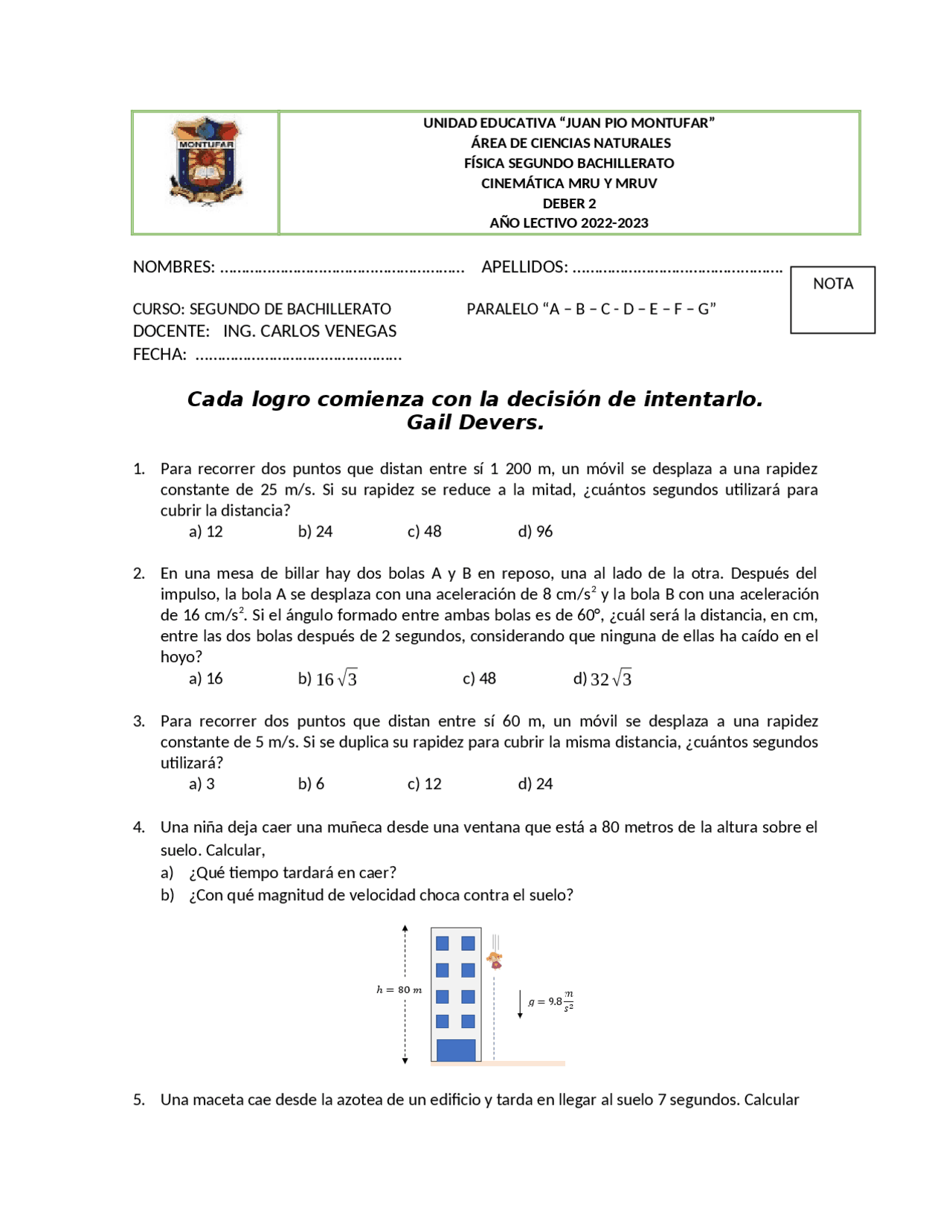 Ejercicios De Cinemática Ejercicios De Física Docsity