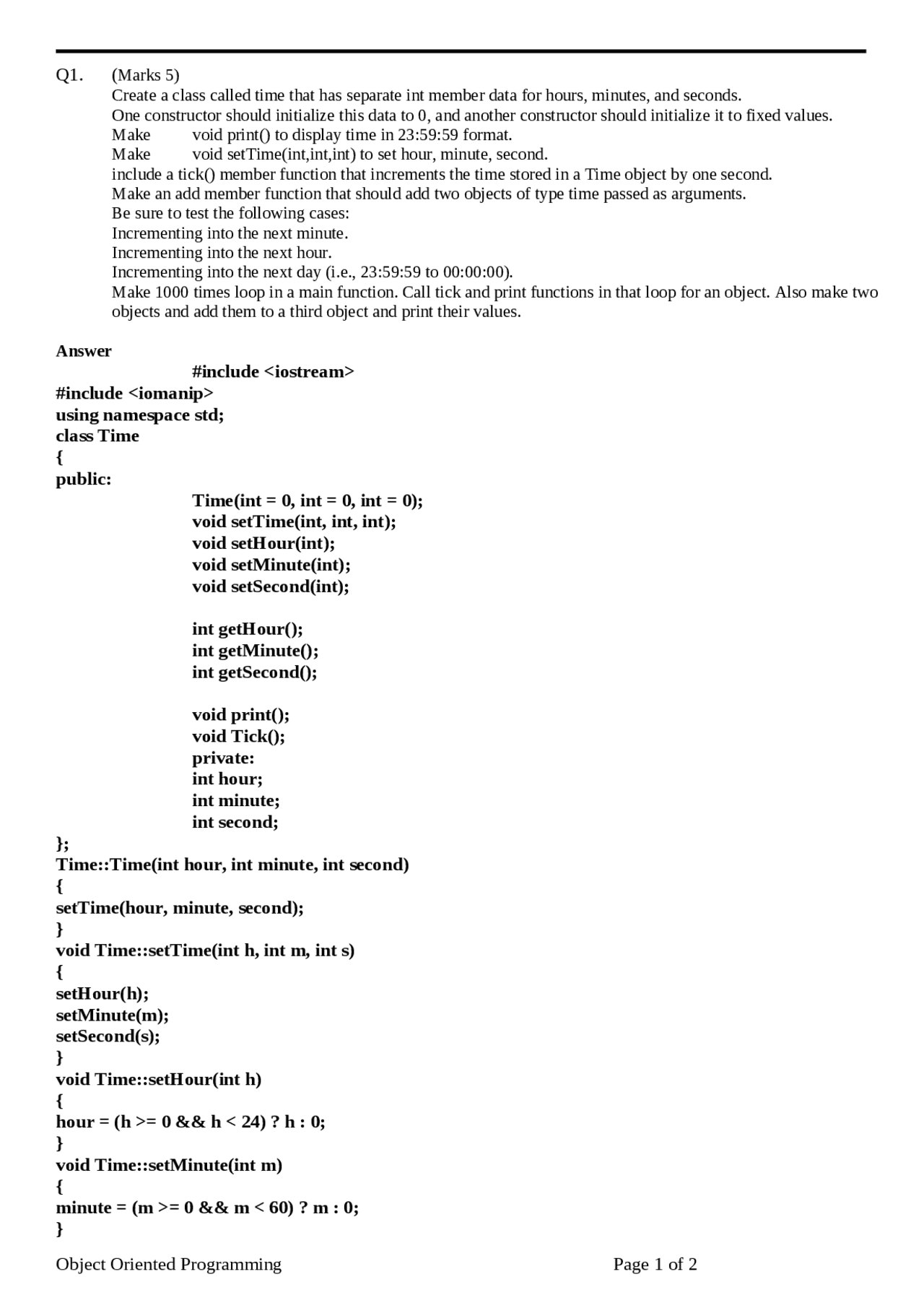 Oops Assignment Create A Class Called Time Assignments Object